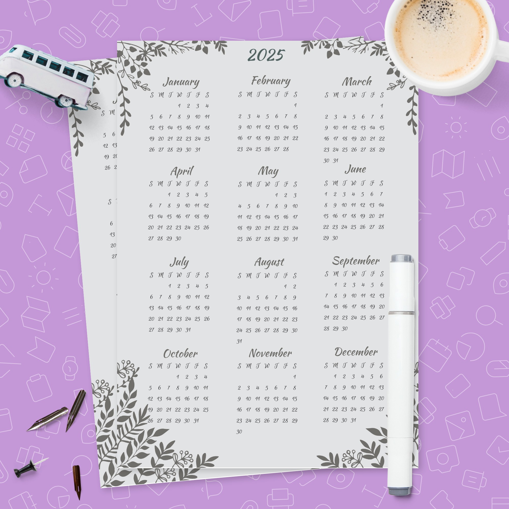 Black and White Dusty Yearly Calendar Template - Printable PDF