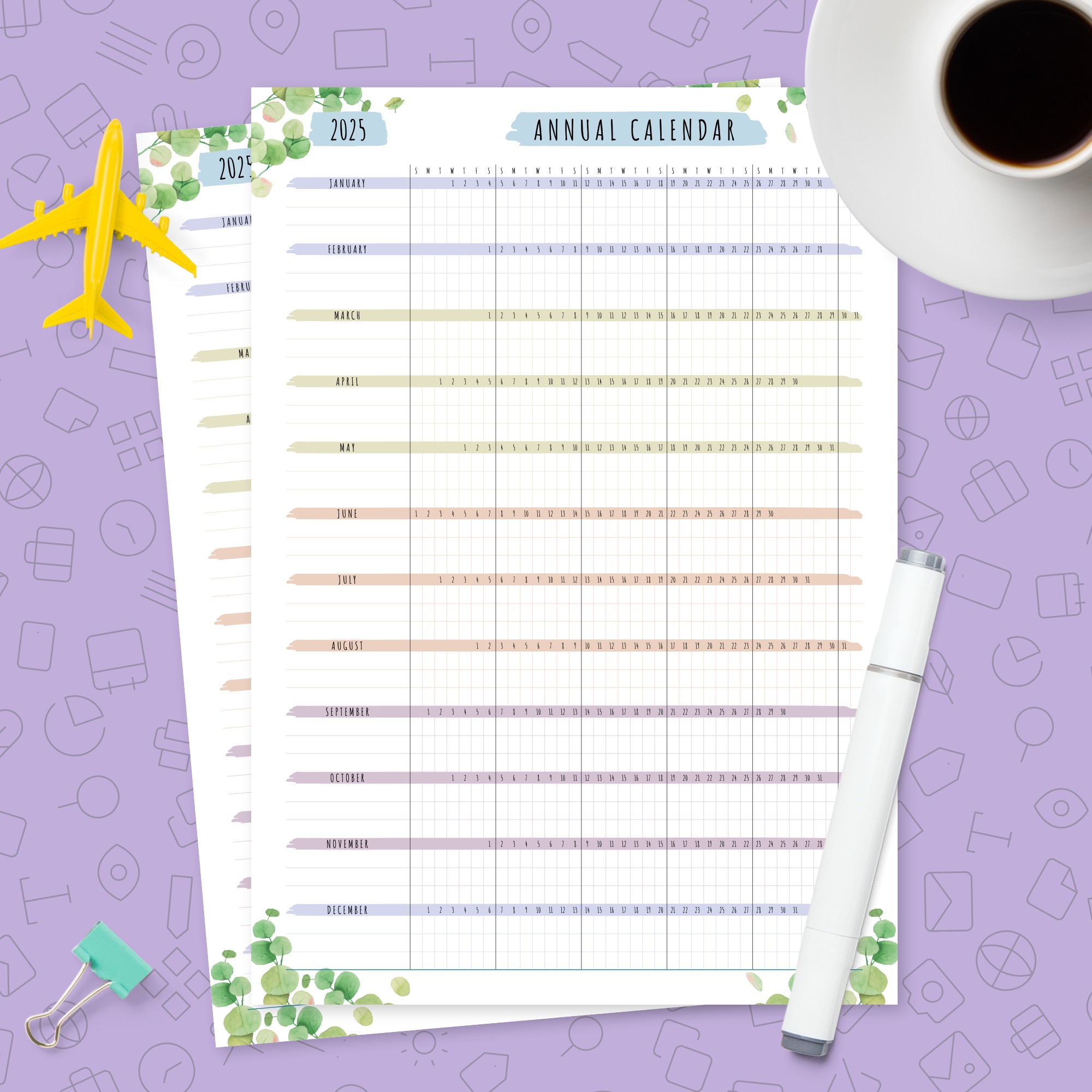 Botanical Annual Calendar Template Template - Printable PDF