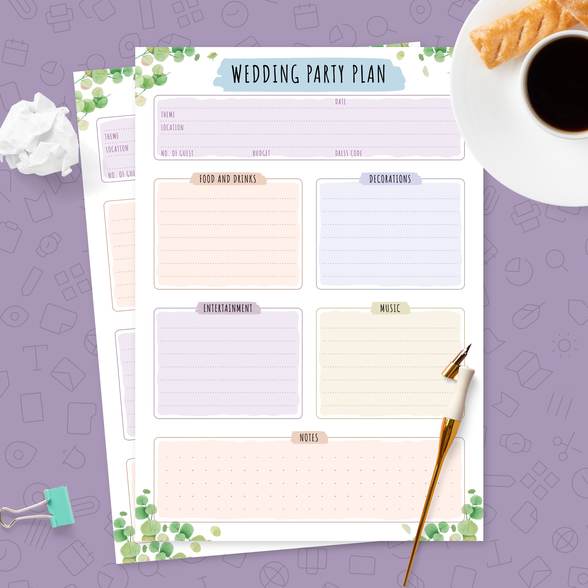 Botanical Wedding Party Plan Template Template - Printable PDF