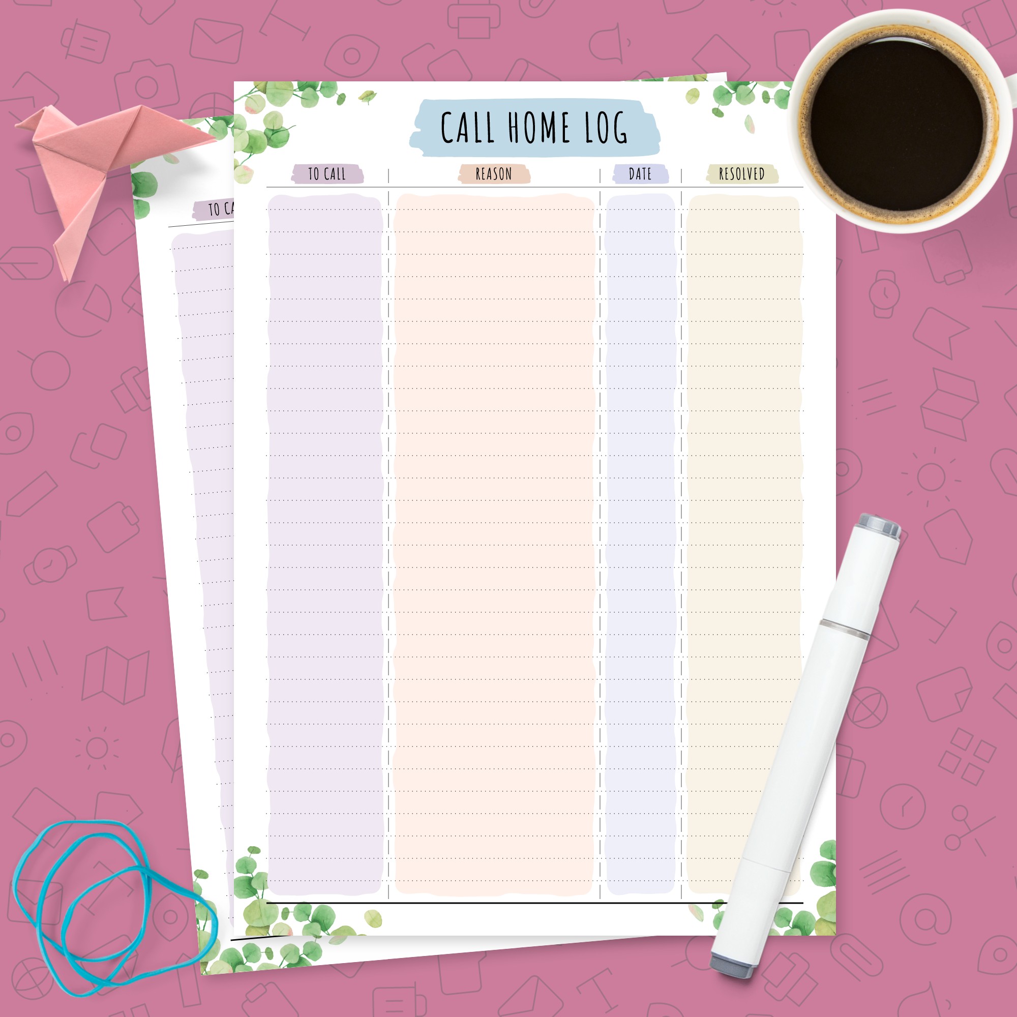 Call Home Log Template (Floral) Template - Printable PDF