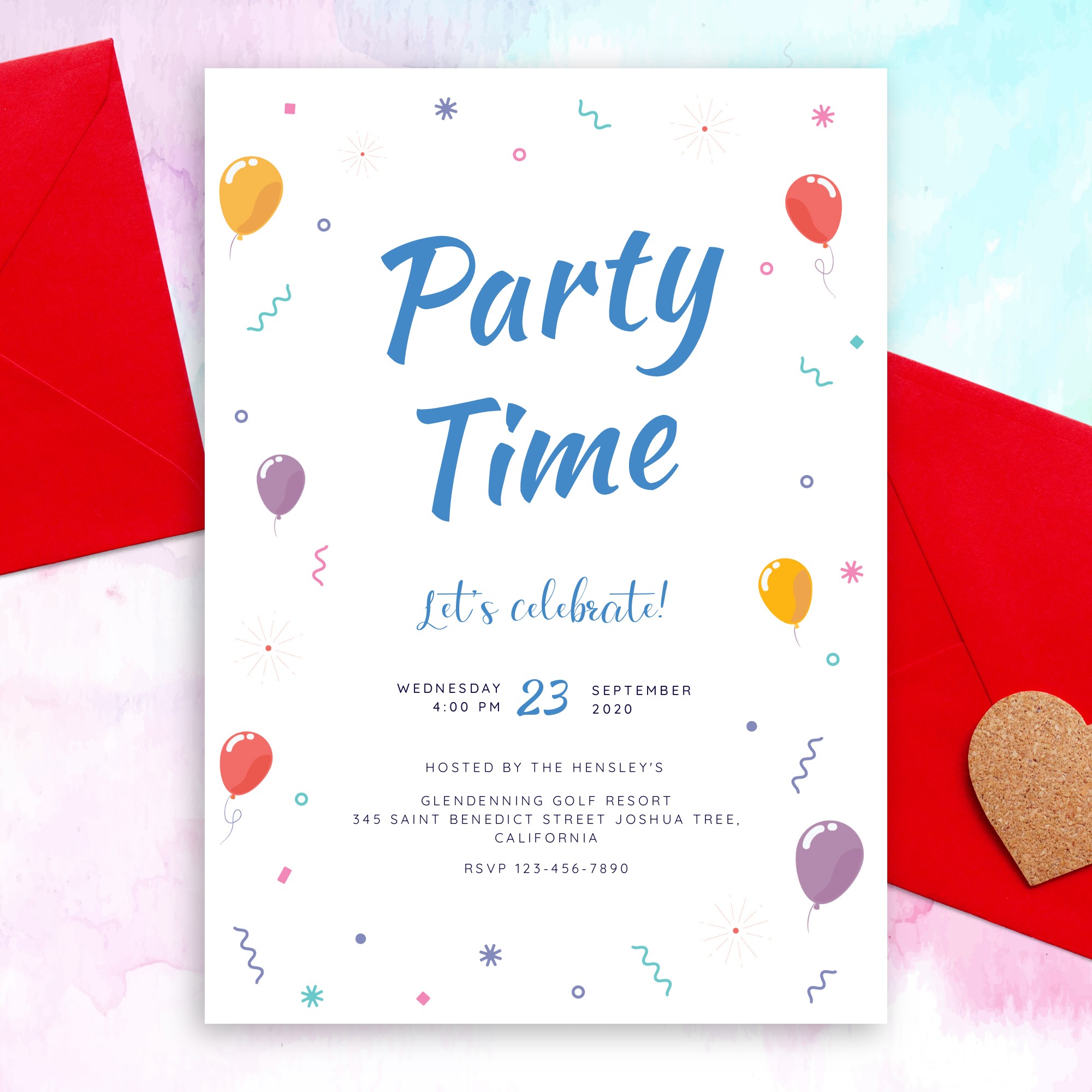 Colored Balloons and Confetti Party Invitation Template Online Maker