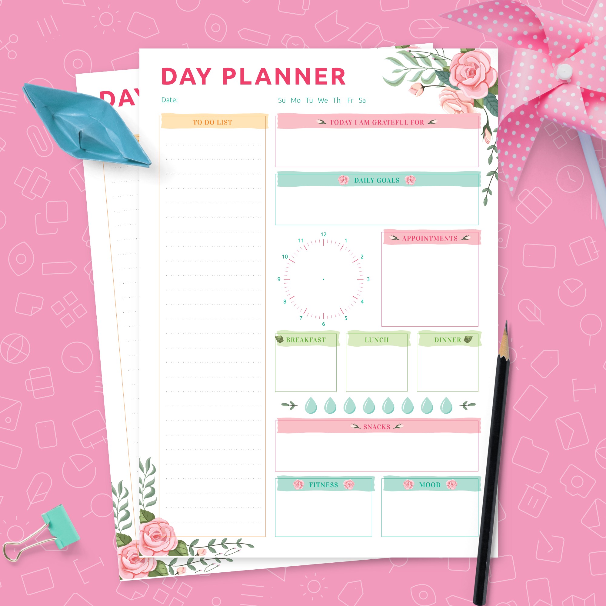 Colored Daily Planner with To Do List and Meal Plan Template ...