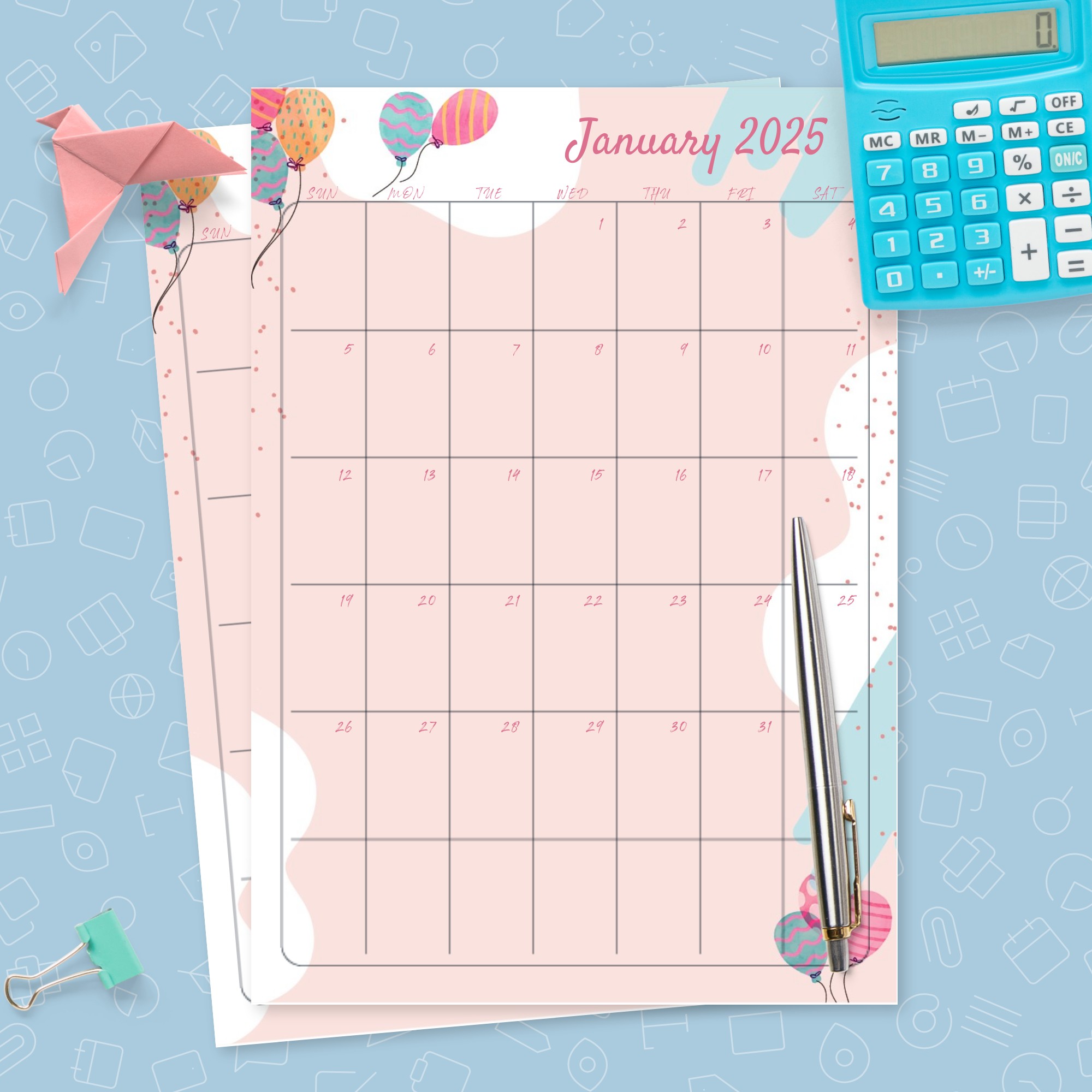 Colorful Balloons Pink Birthday Calendar Template - Printable PDF