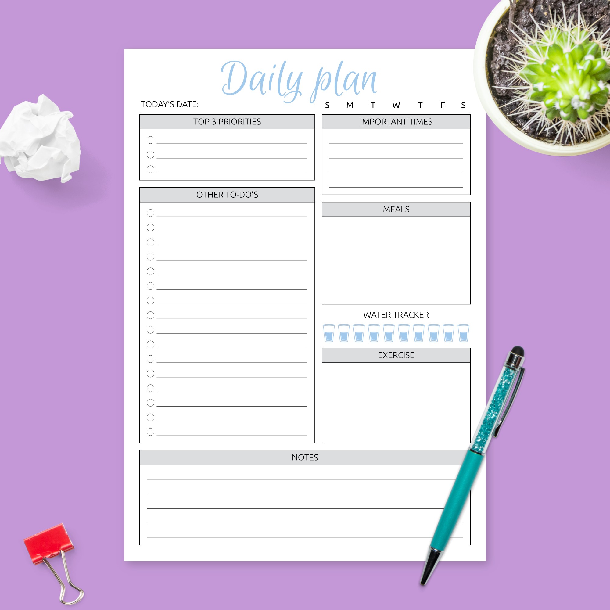 Daily Plan with Meal Section Template - Printable PDF