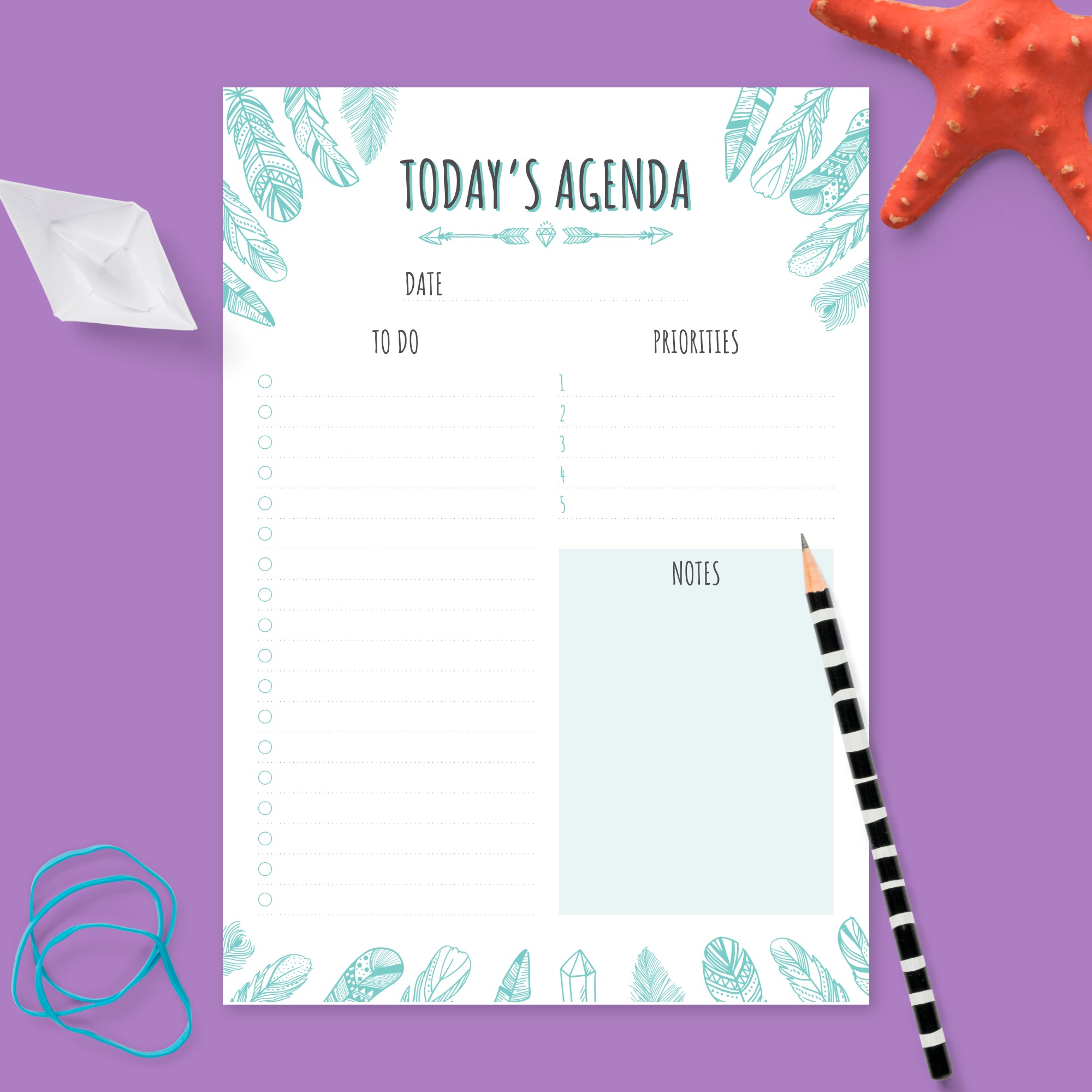 Daily Planner - Boho Feathers Template - Printable PDF