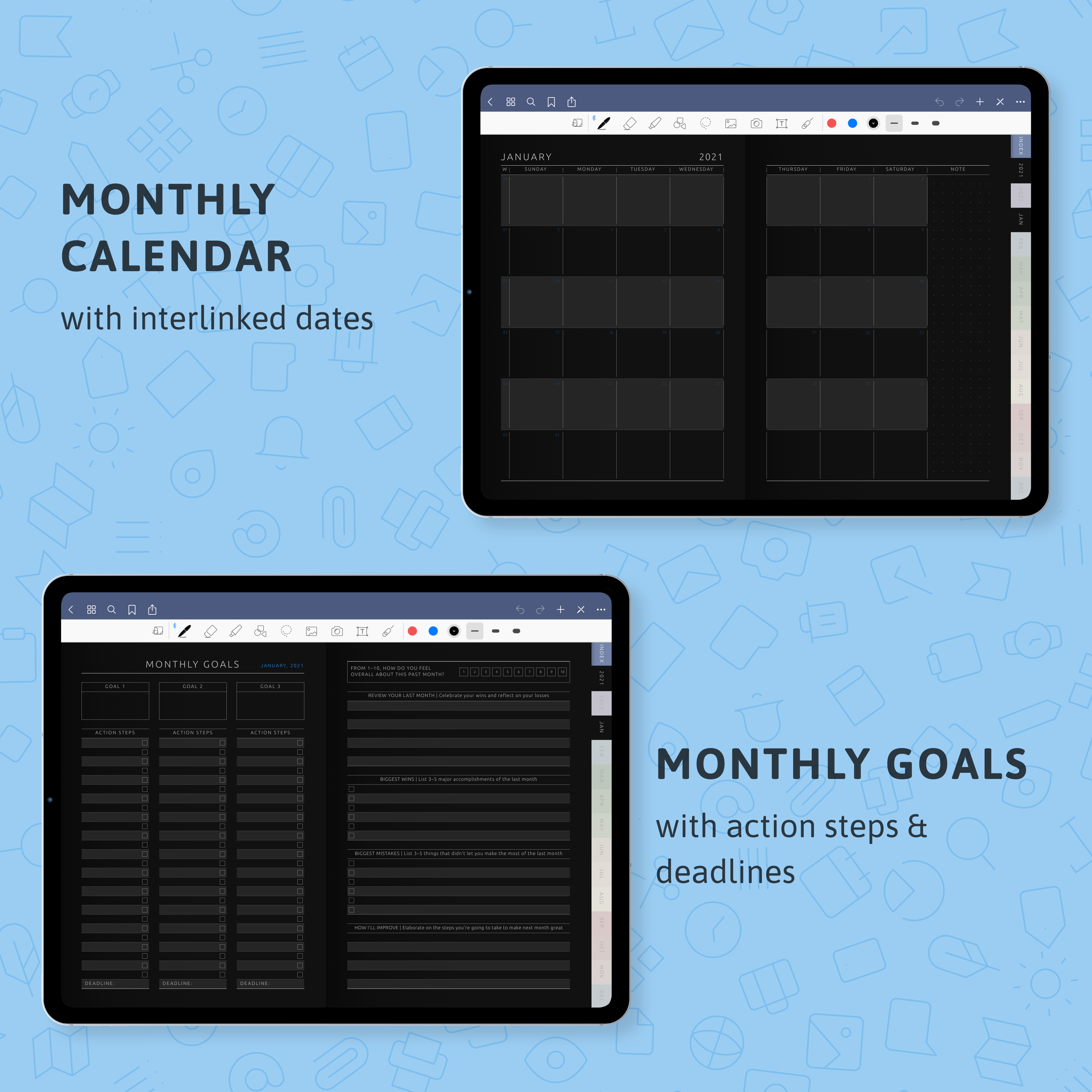 Digital Monthly Planner (Dark) for: GoodNotes; Notability; iPad; Android