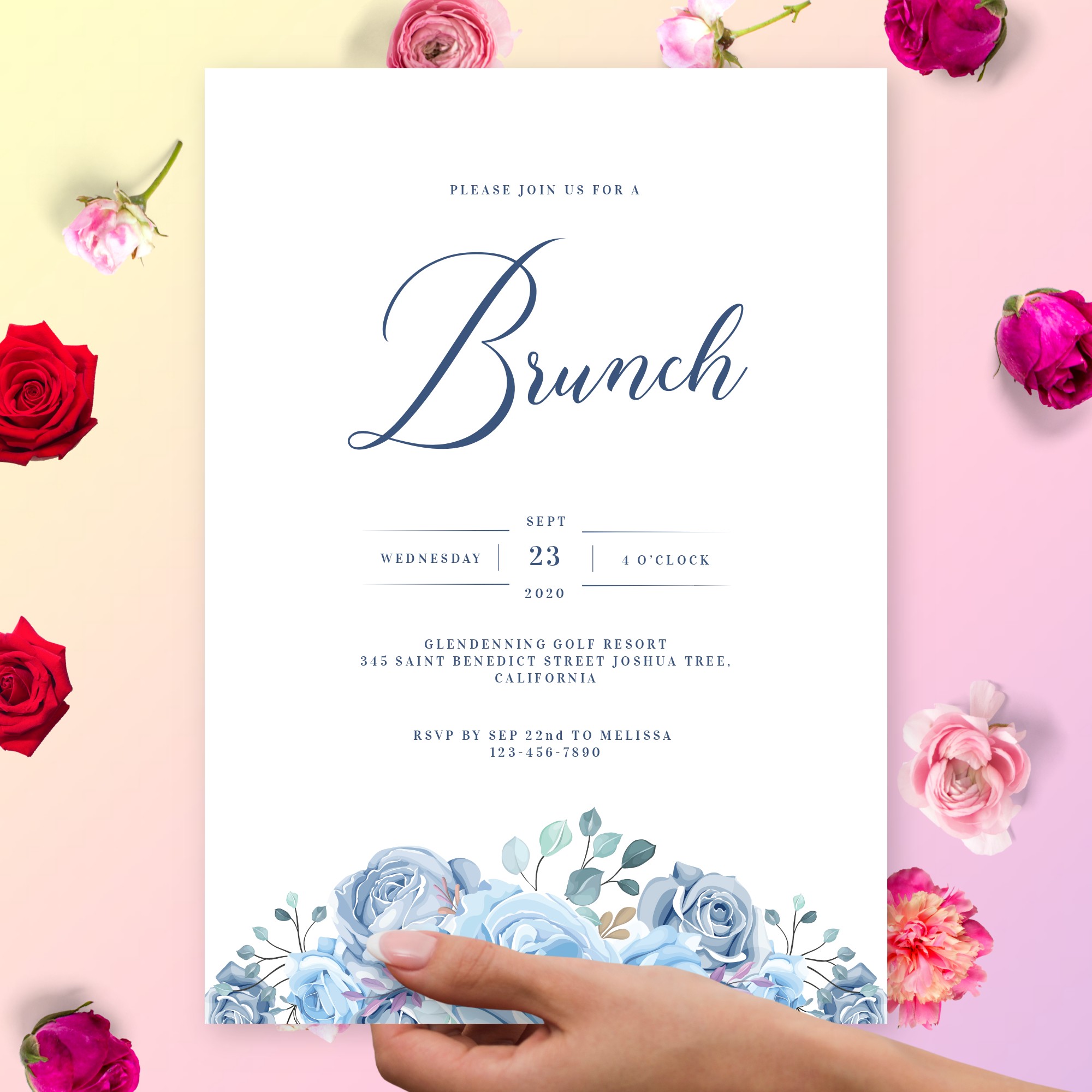 Elegant Blue Floral Brunch Invitation Template Online Maker