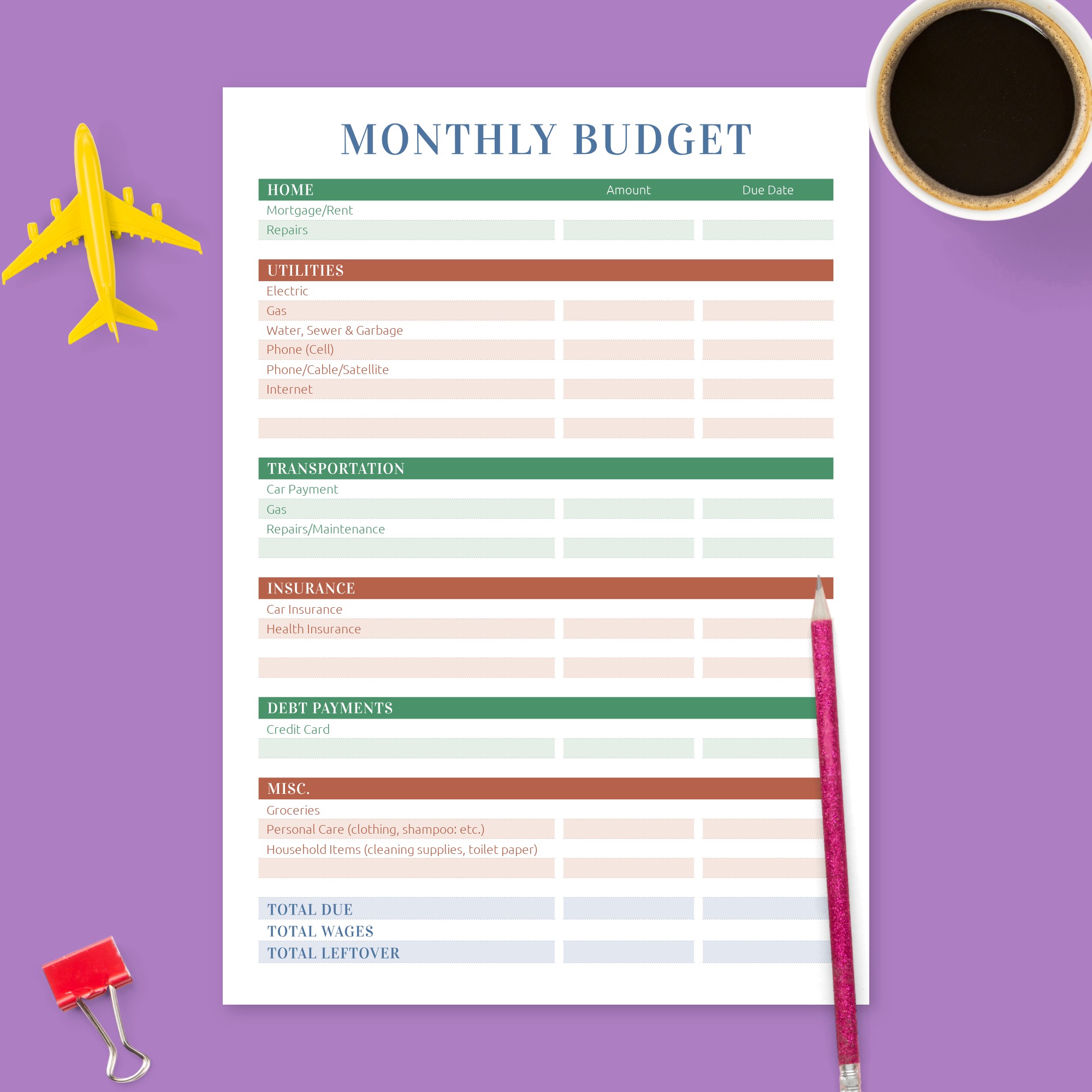Family Monthly Budget Organizer Template - Printable PDF