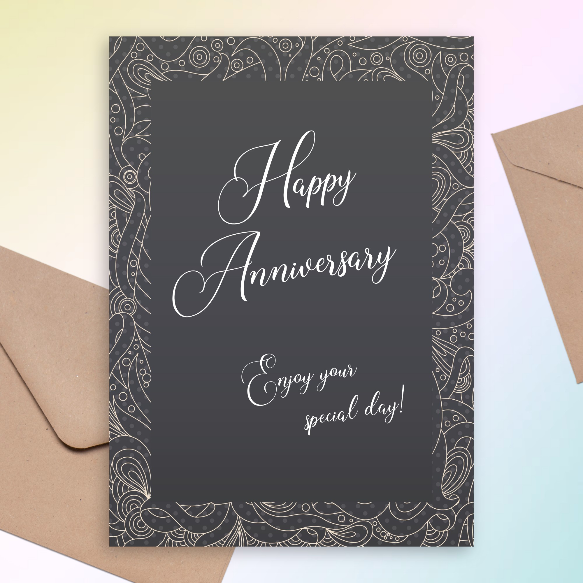 Fancy Pattern Black Anniversary Card Template Editable Online
