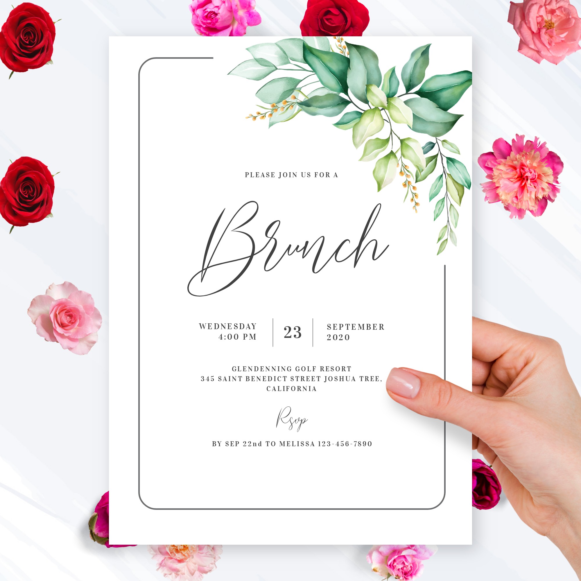 Fresh Green Leaves Brunch Invitation Template Online Maker