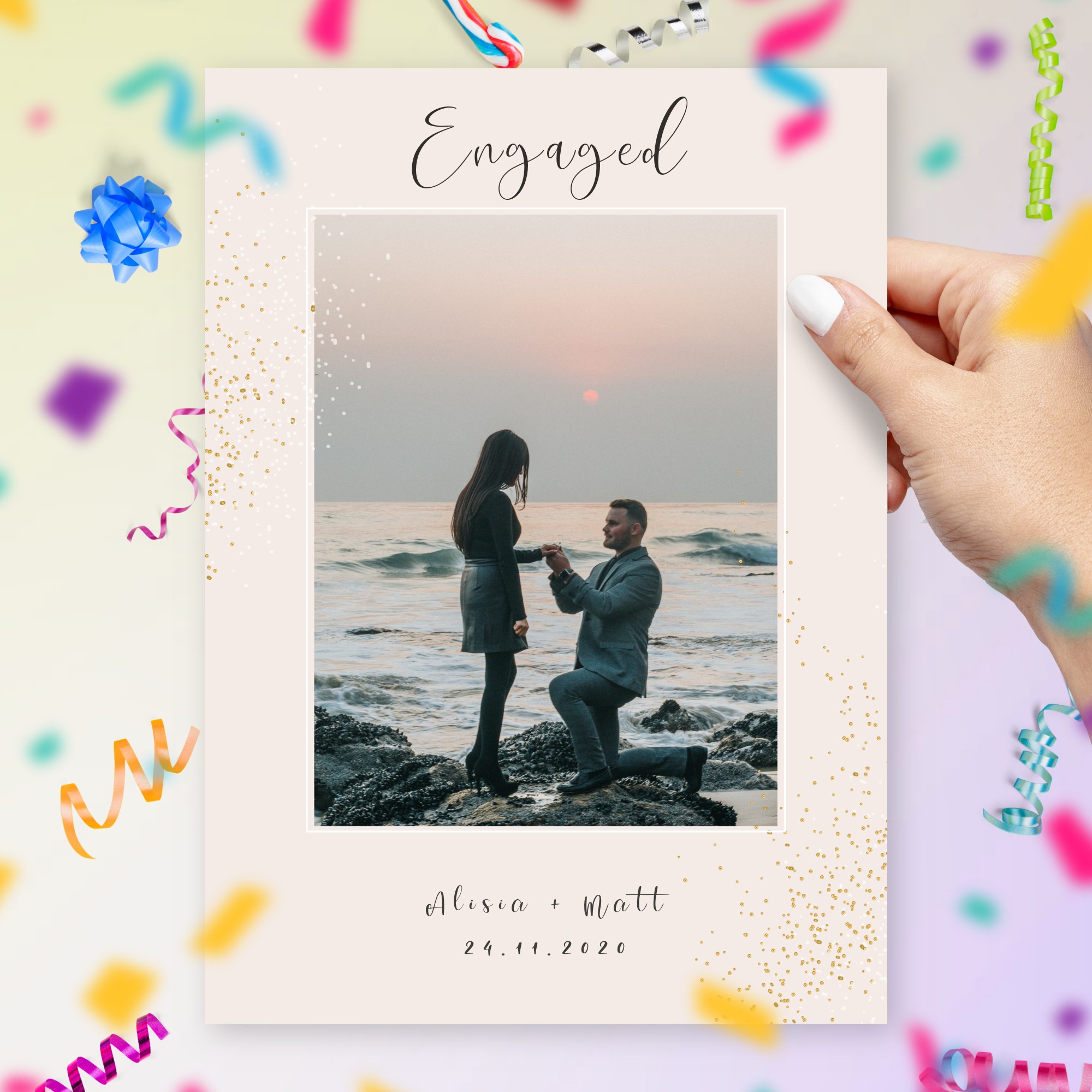 Glitter Confetti Pink Engagement Announcement Card Template Online Maker