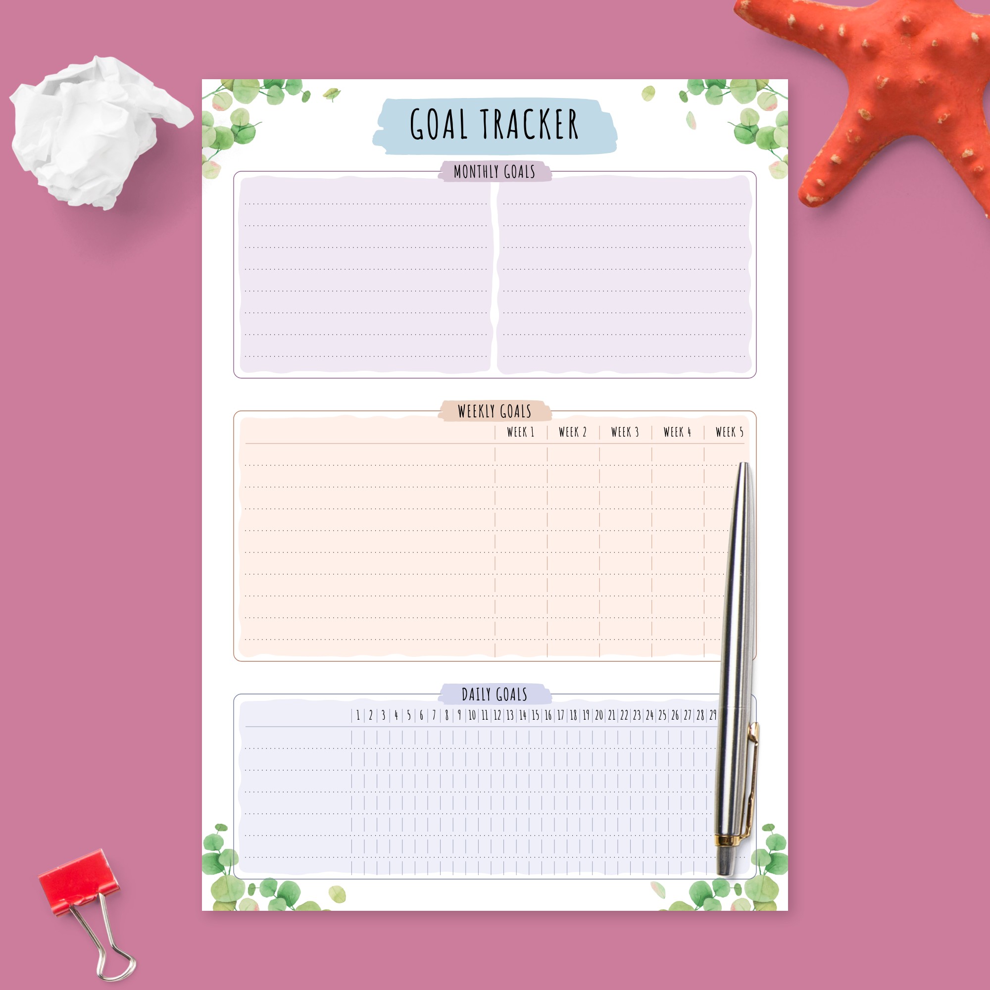 Goal Tracking Worksheet - Botanical Design Template - Printable PDF