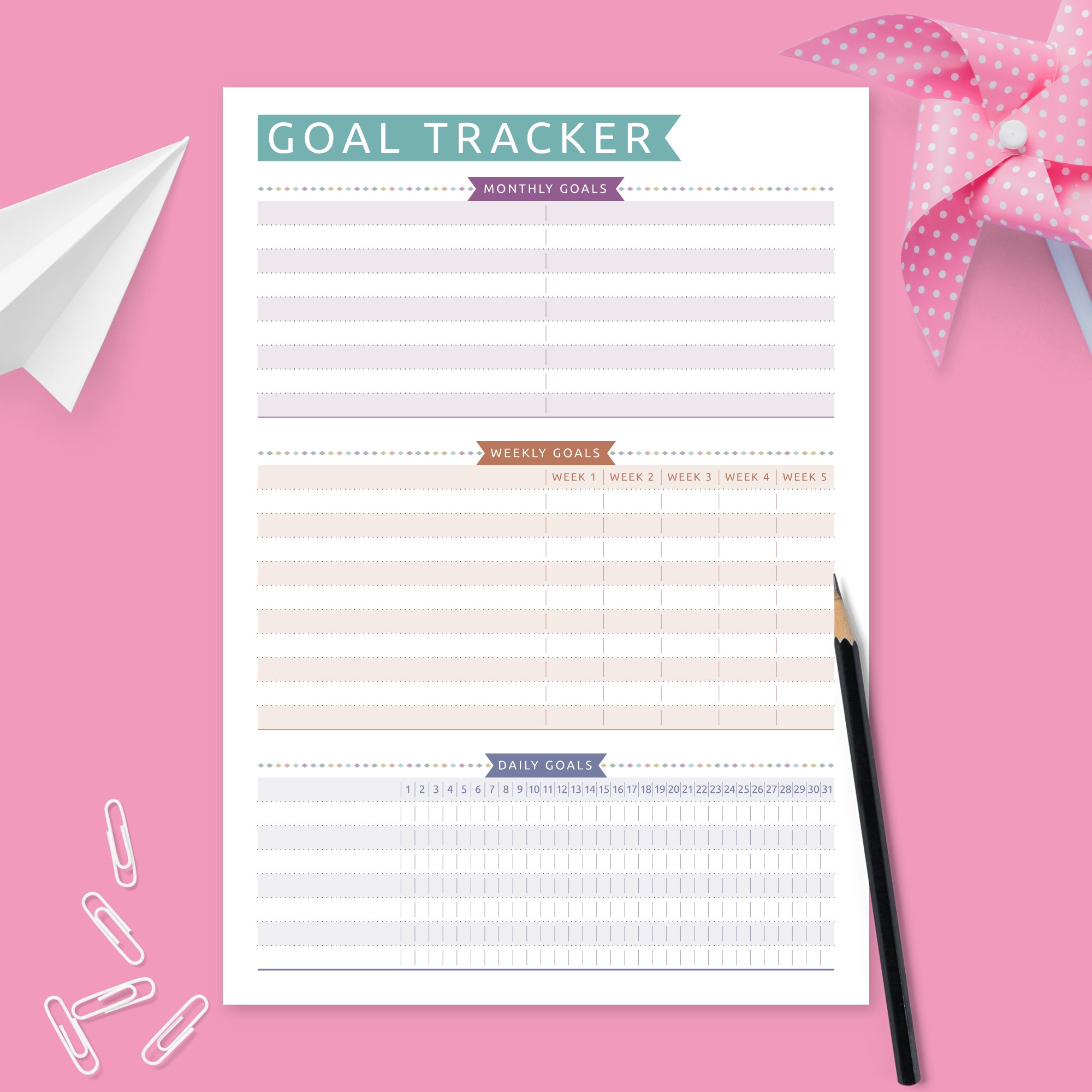 Goal Tracking Worksheet - Colored Design Template - Printable PDF
