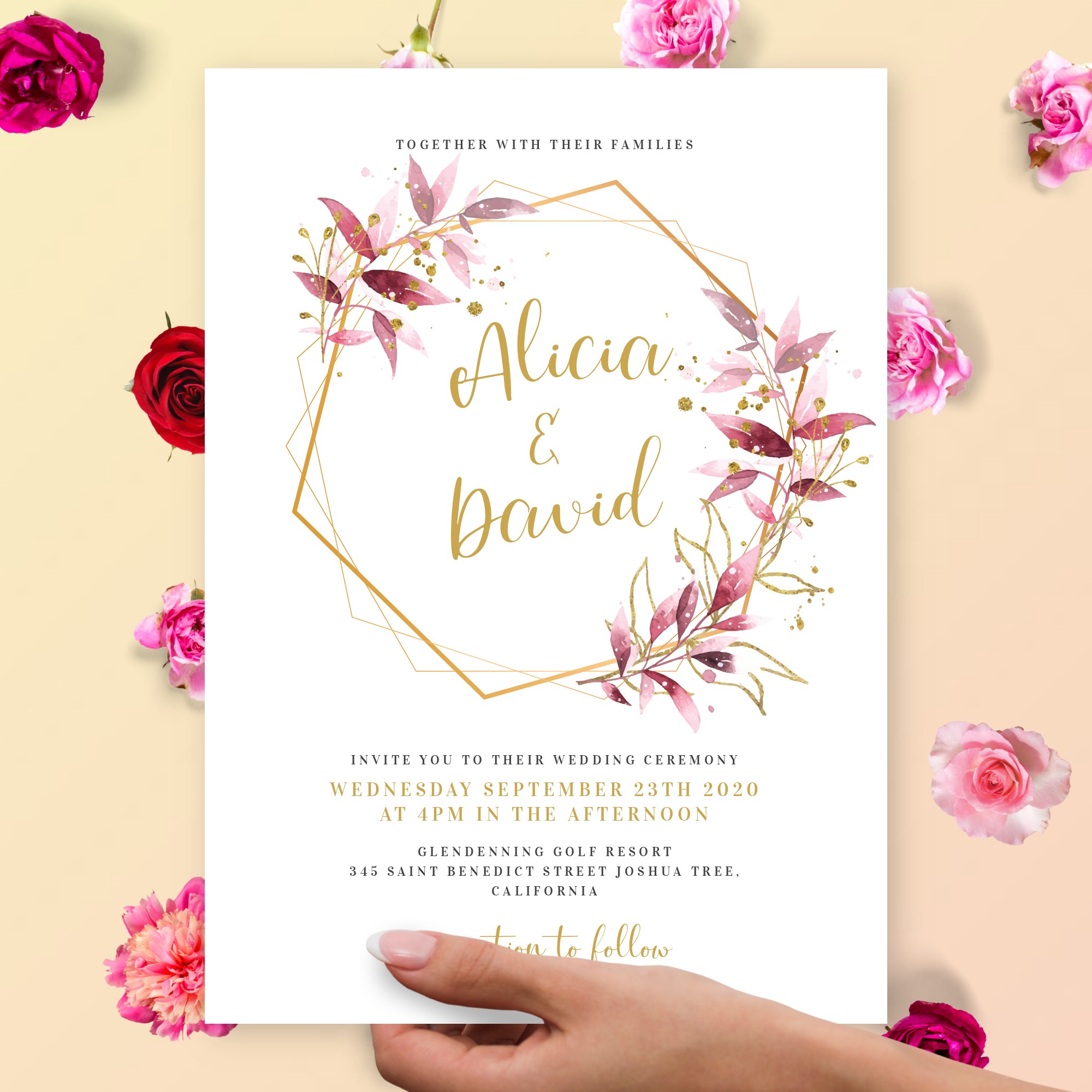 Gold Geometric Floral Wedding Invitation Template Online Maker