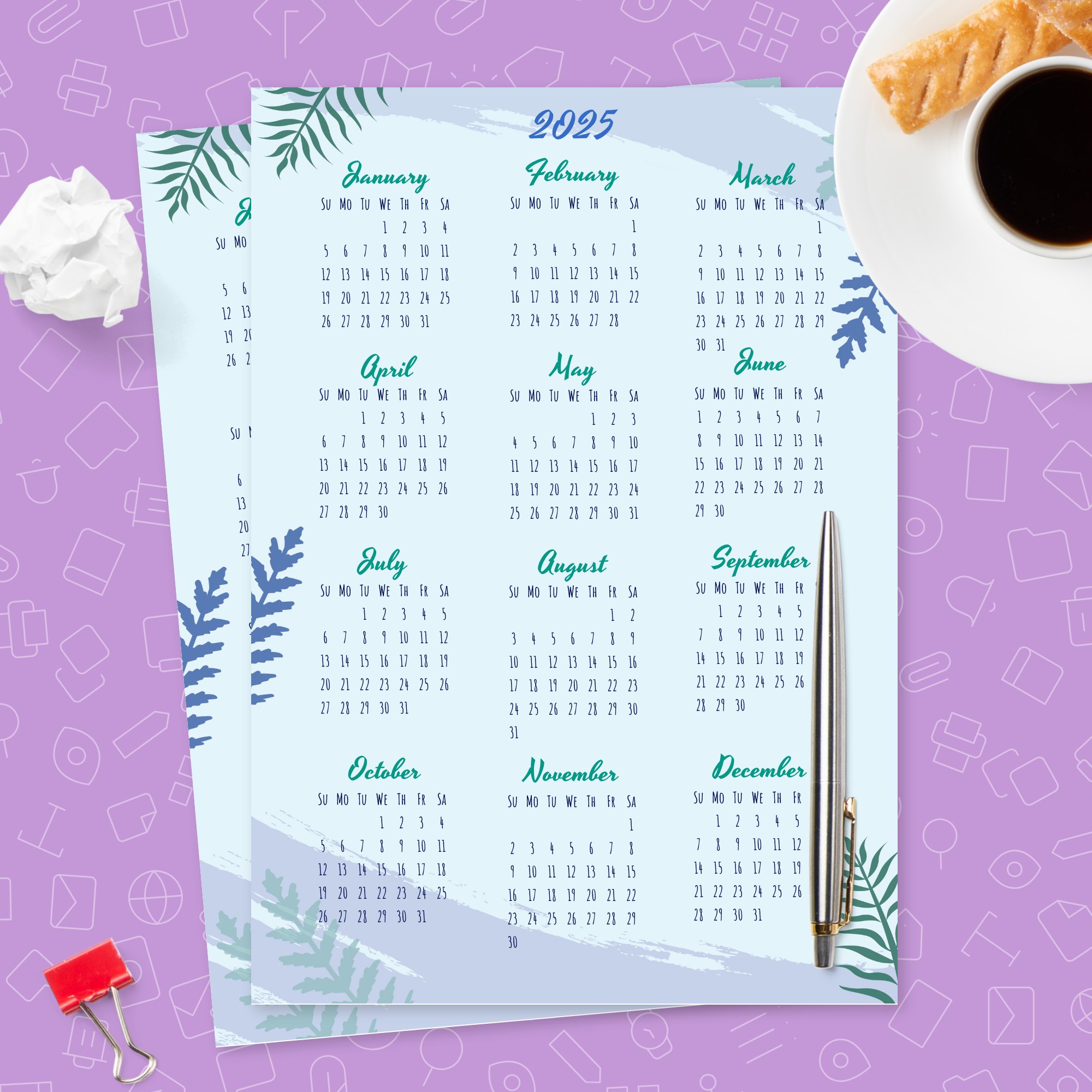 Green and Blue Yearly Calendar Template - Printable PDF