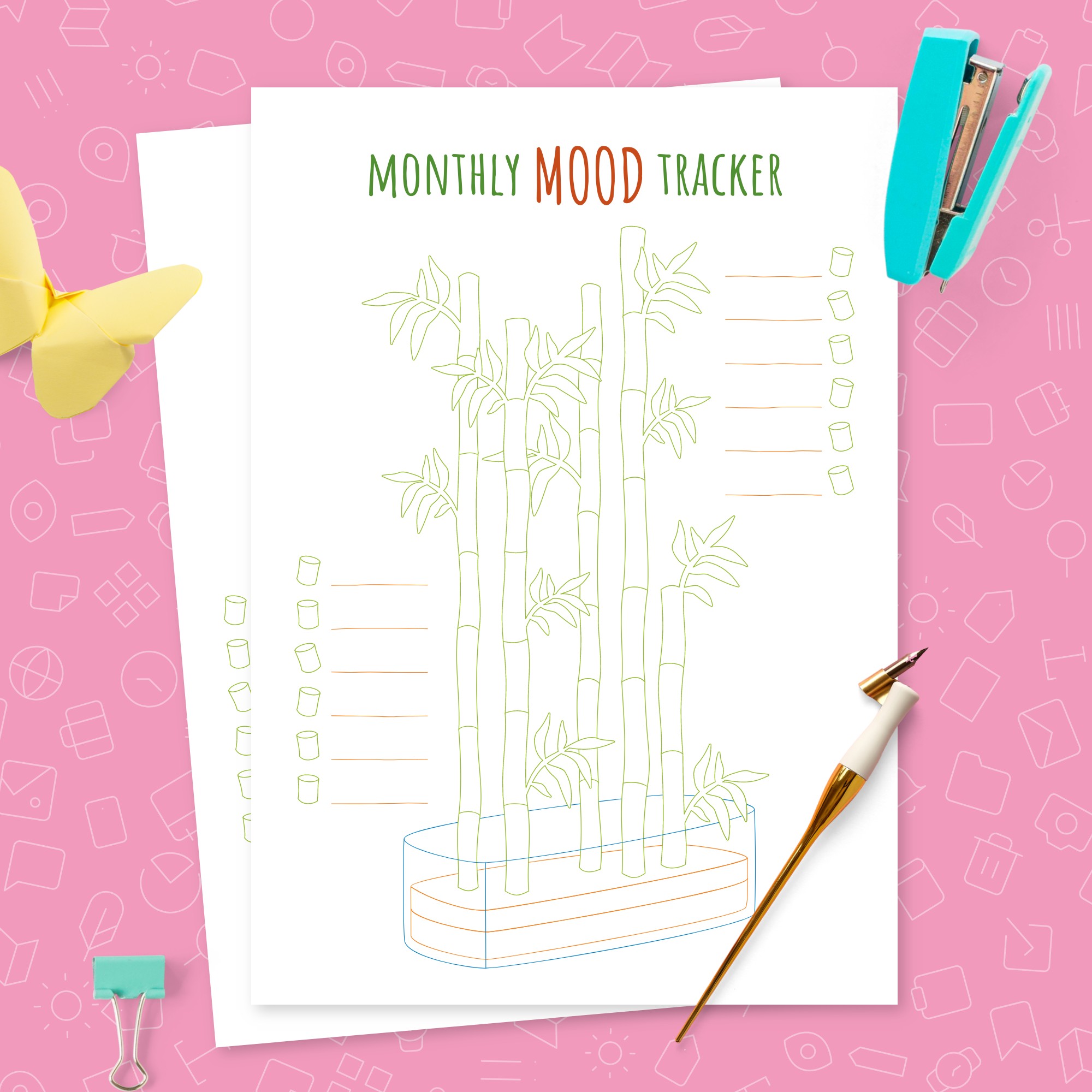 Green Bamboo BuJo Mood Tracker Template Template - Printable PDF