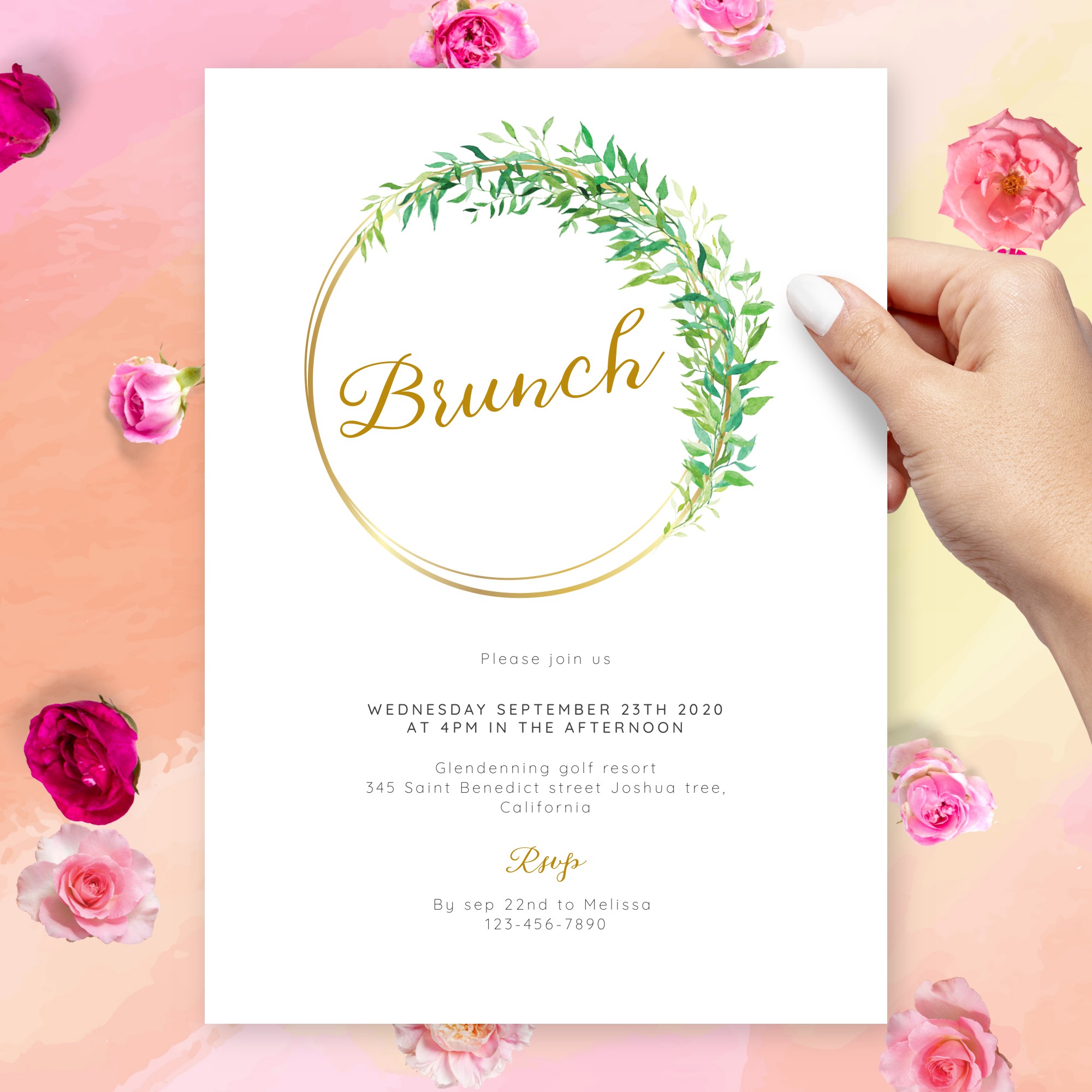 Greenery Gold Brunch Invitation Template Online Maker