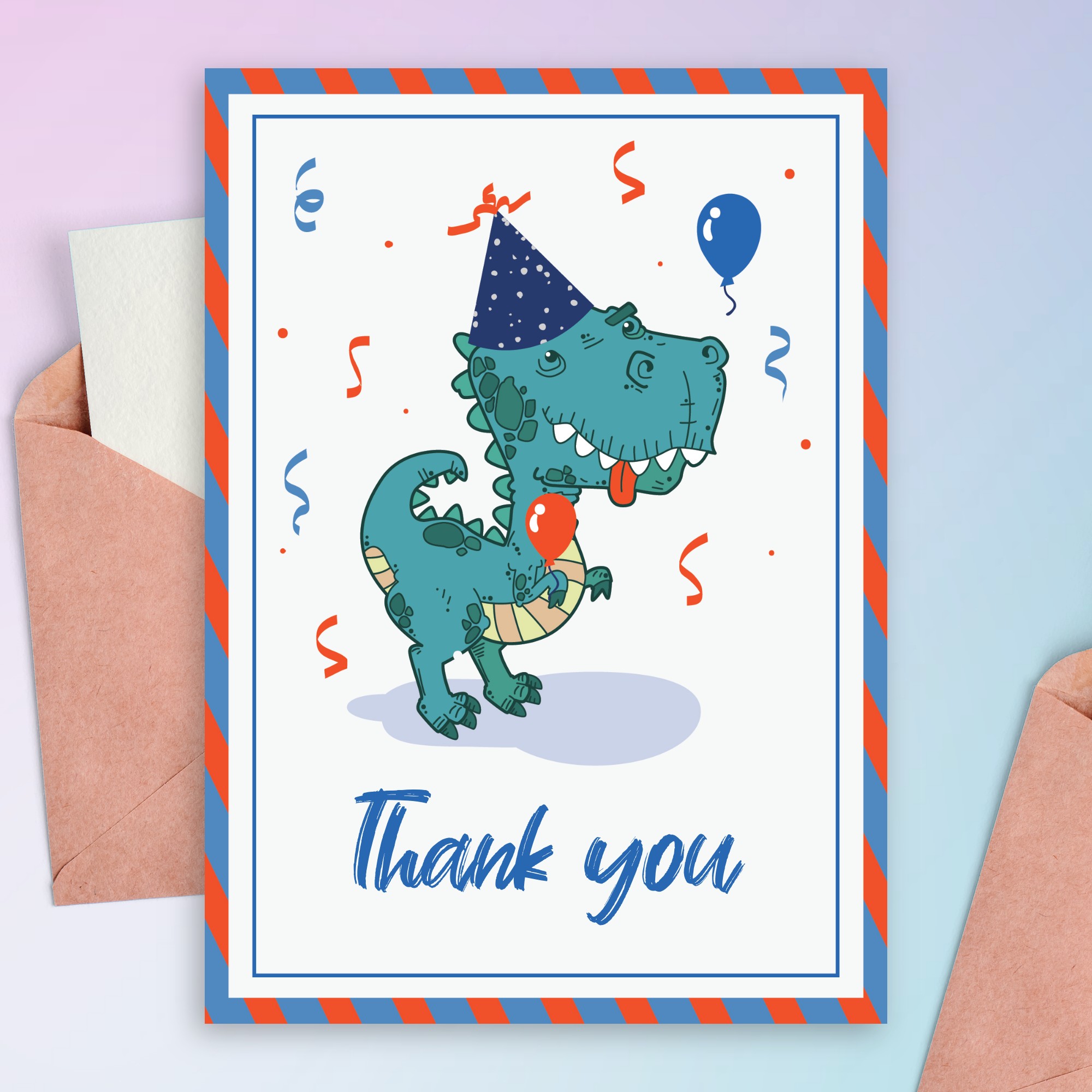 Happy Dino Birthday Thank You Card Template Editable Online