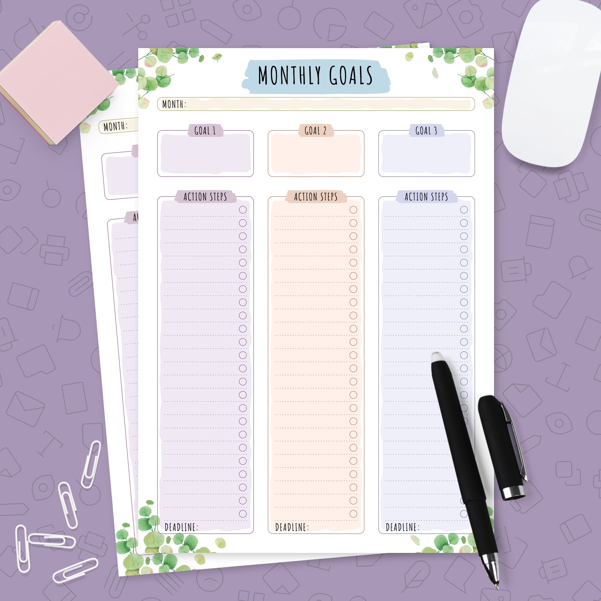 Monthly Goal Track - Botanical Design Template - Printable PDF