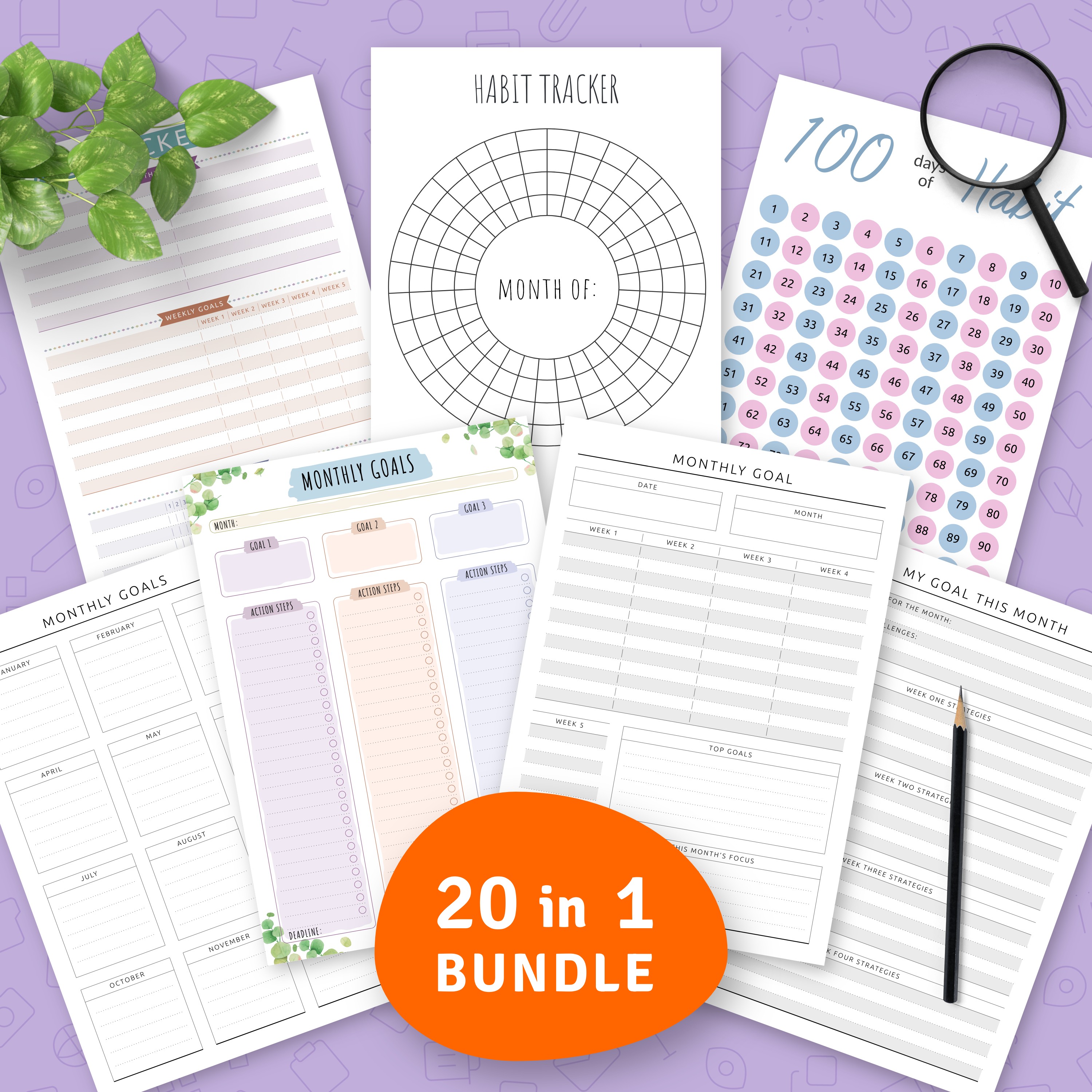 Monthly Goals Planner and Habit Tracker Bundle (20 in 1) Template ...