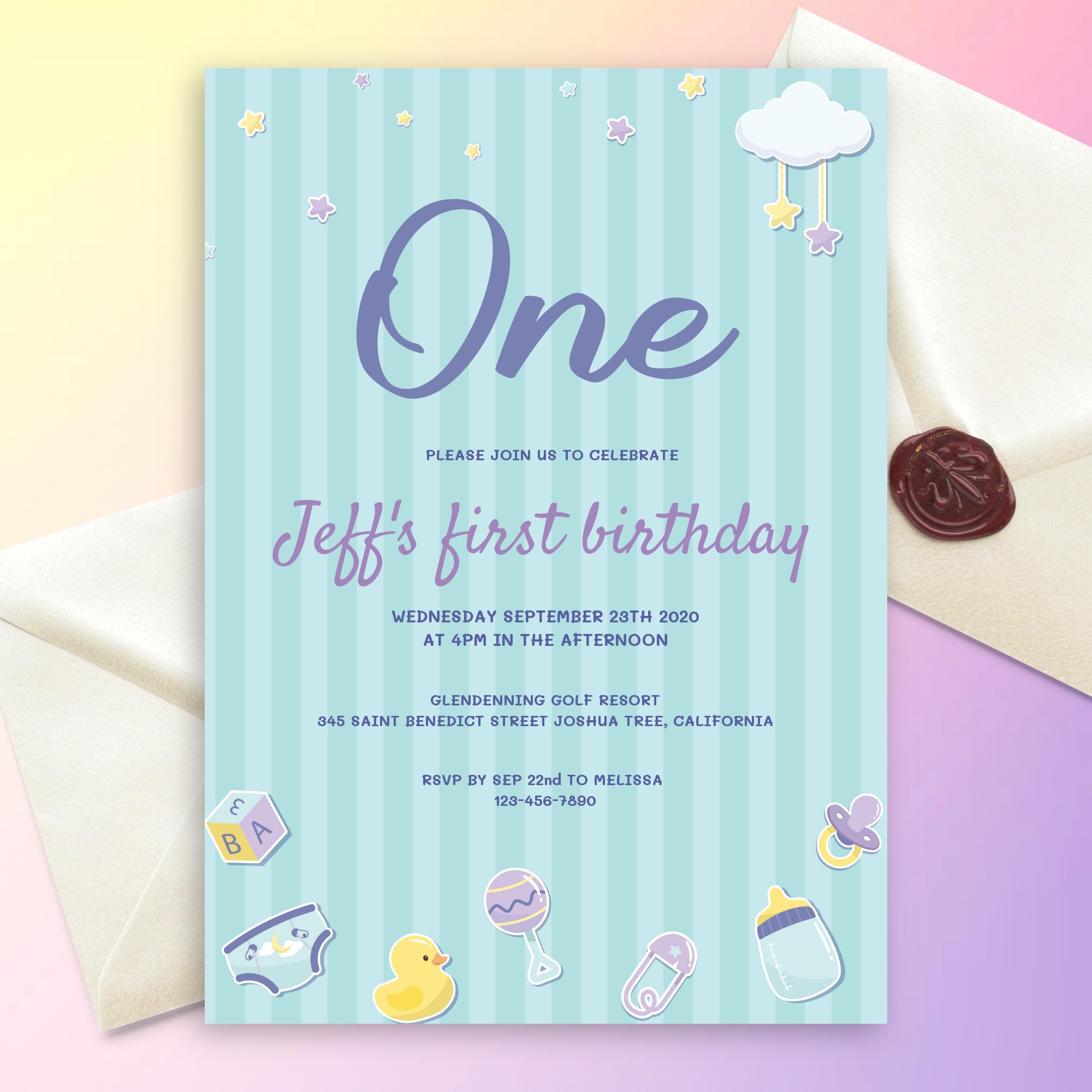Newborn Stuff Blue Baby 1st Birthday Invitation Template Online Maker