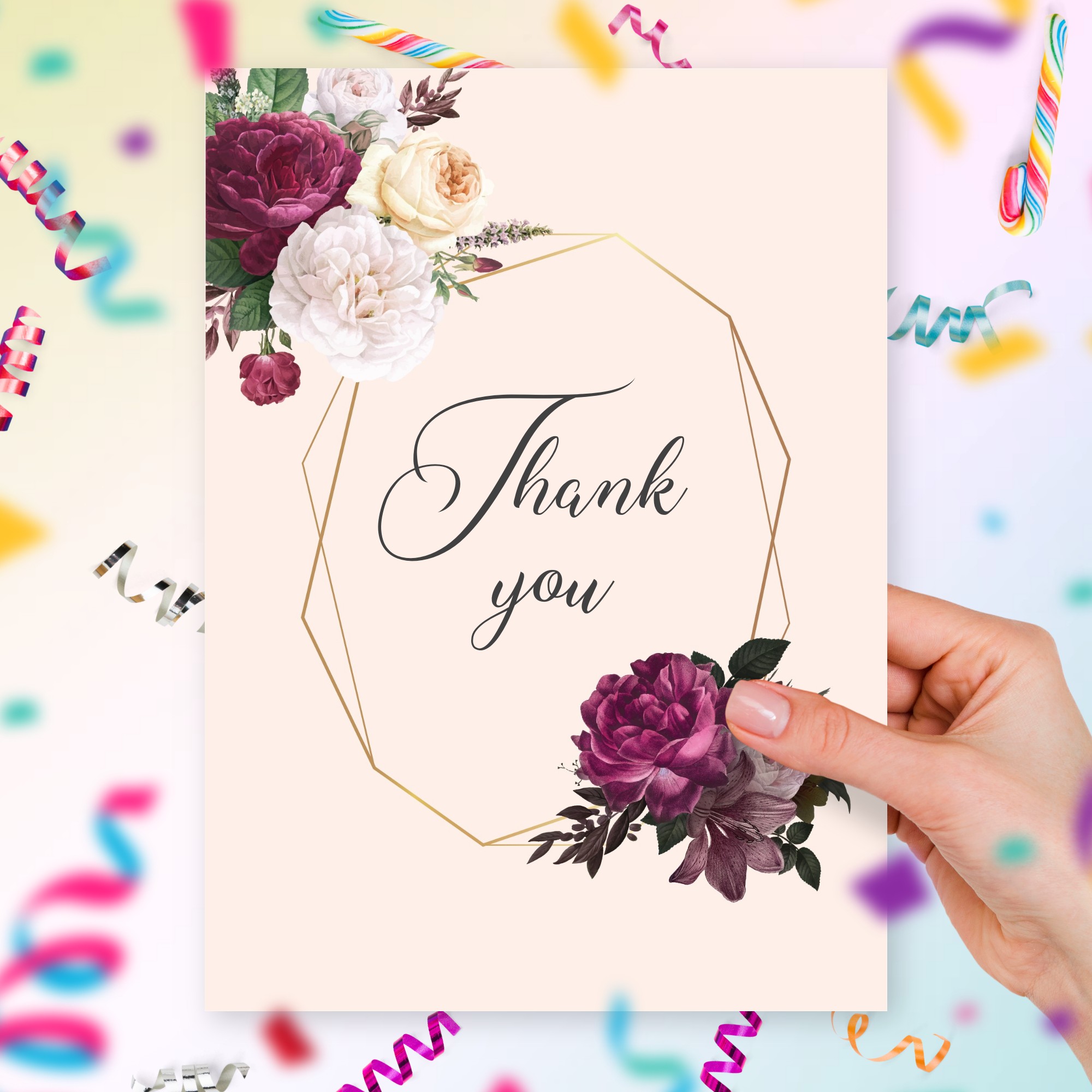 Peonies Bouquet Geometry Thank You Card Template Editable Online