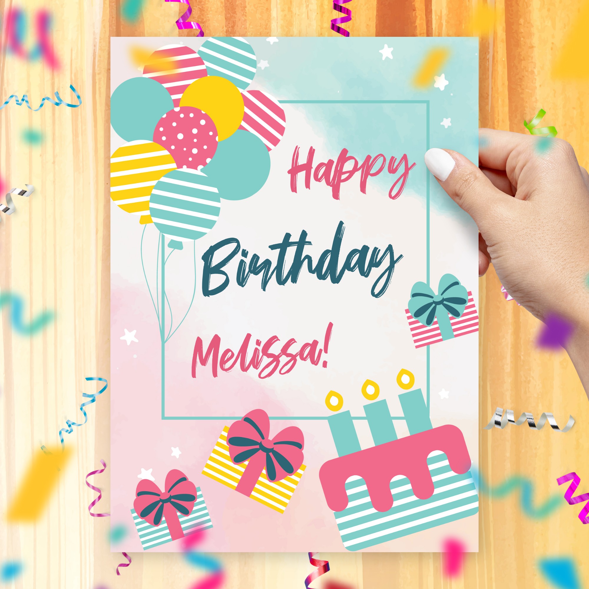 Pink and Blue Watercolor Birthday Card For Her Template Editable Online