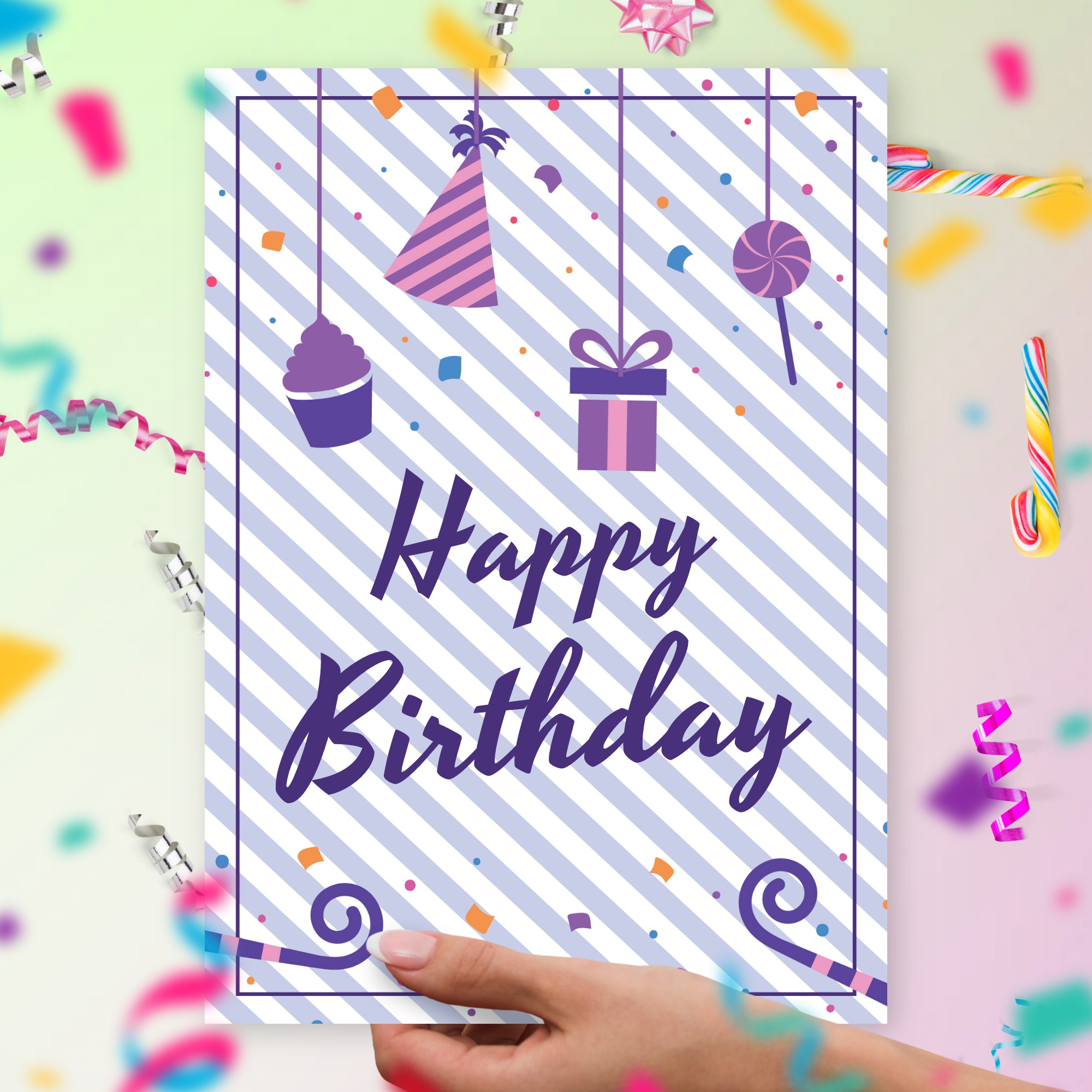 Purple and White Stripes Birthday Card For Her Template Editable Online