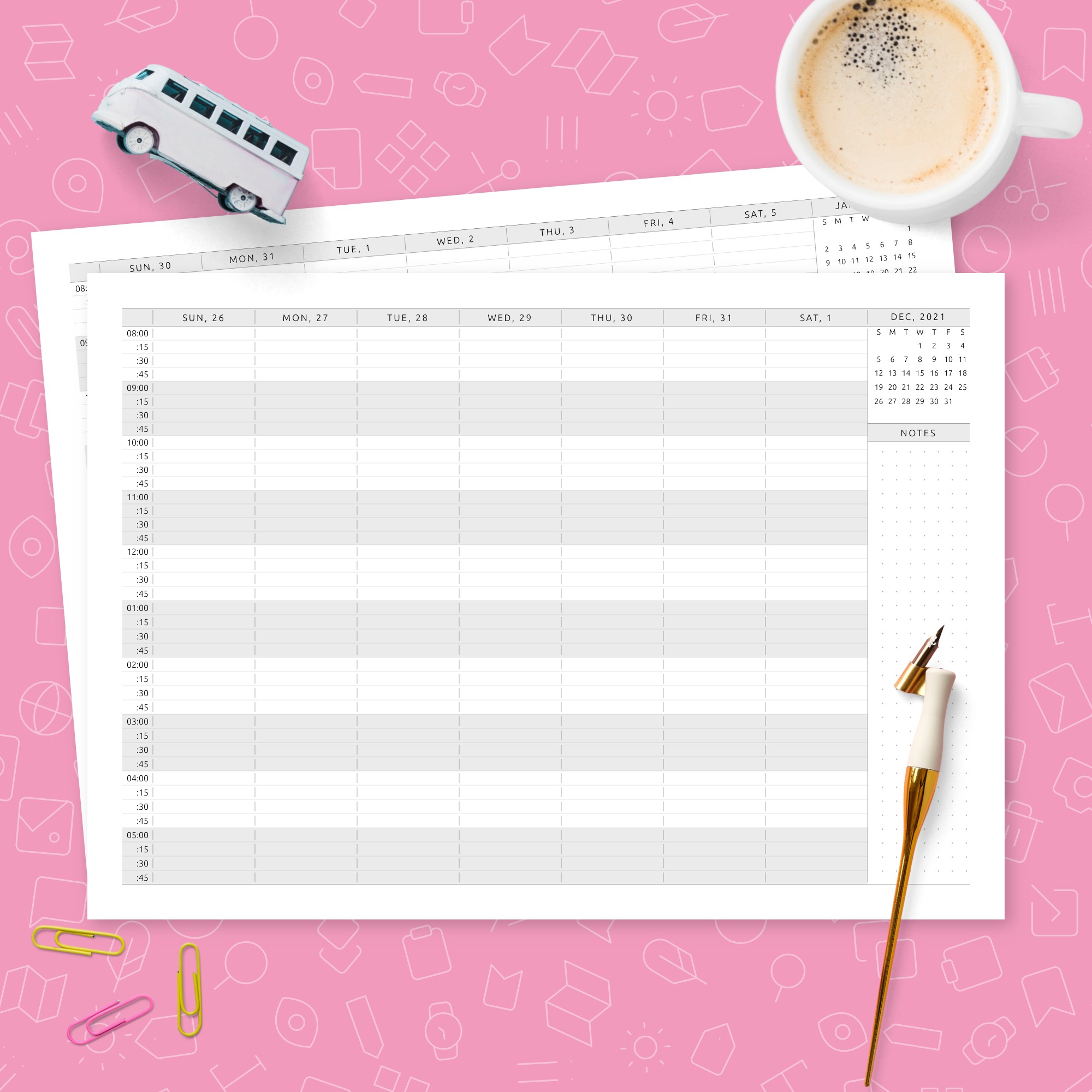 Quarter-hour Horizontal Weekly Calendar Template Template - Printable PDF