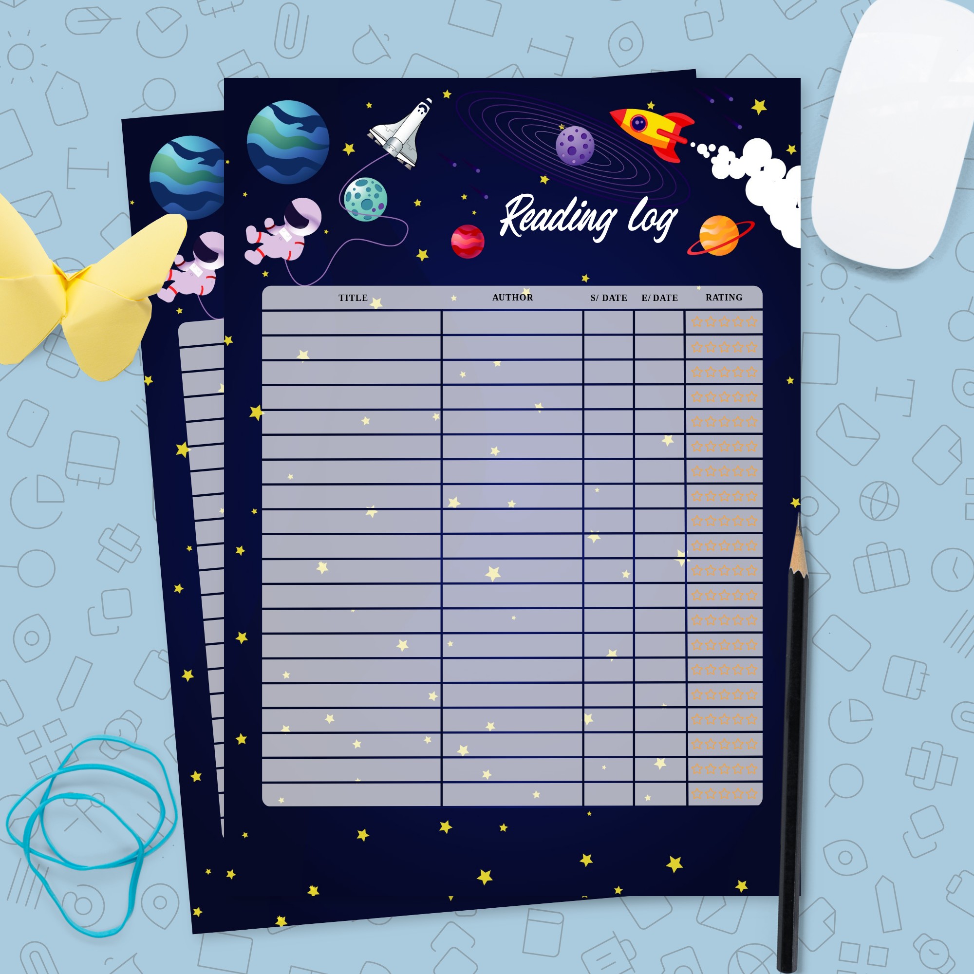 Space-inspired Kids Reading Log Template Template - Printable PDF