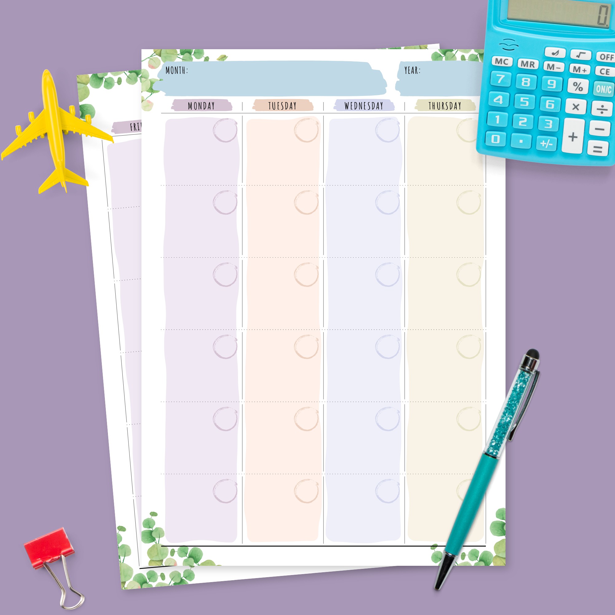 Undated Monthly Calendar Botanical Design Template - Printable PDF