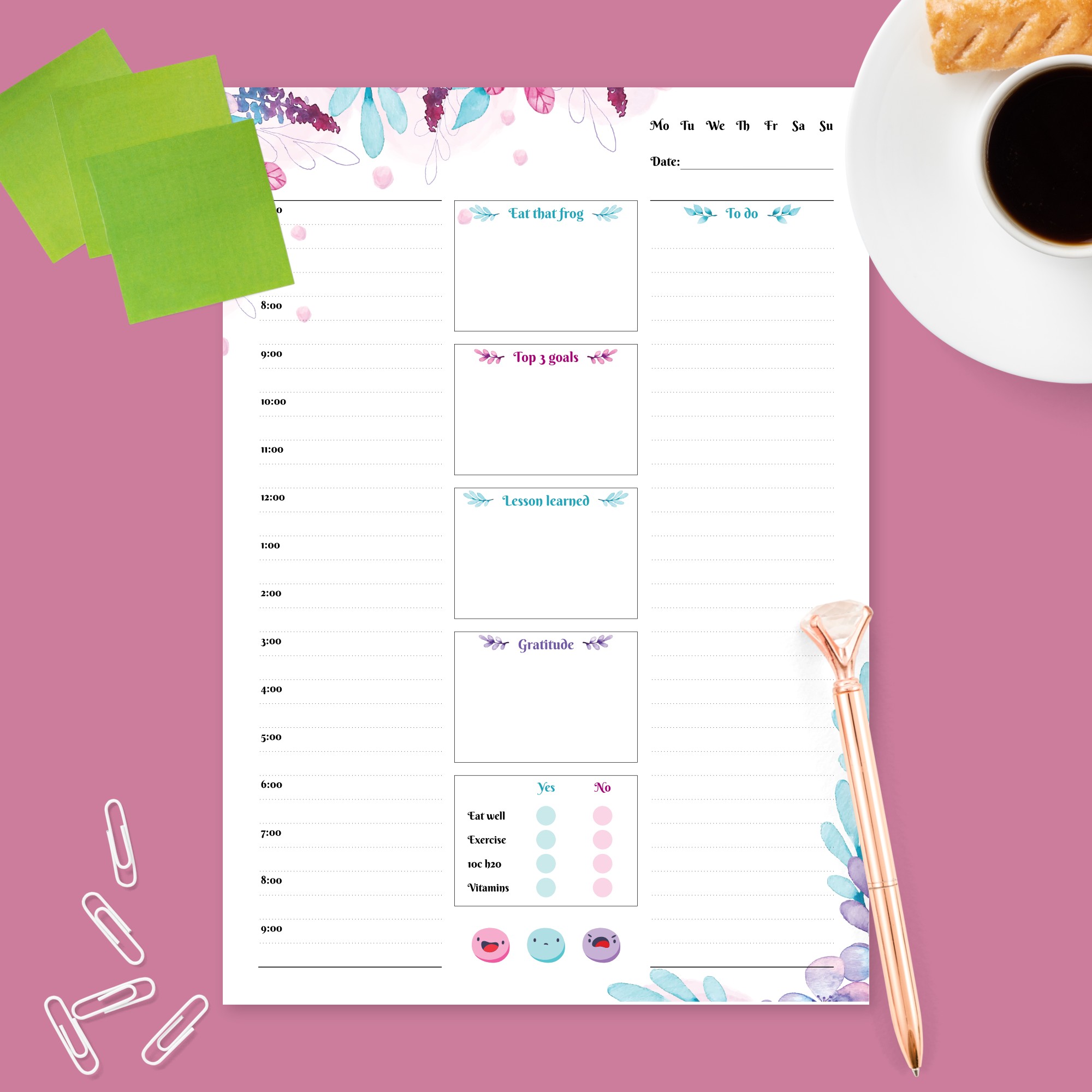 Watercolor Botanics Daily Planner Template - Printable PDF