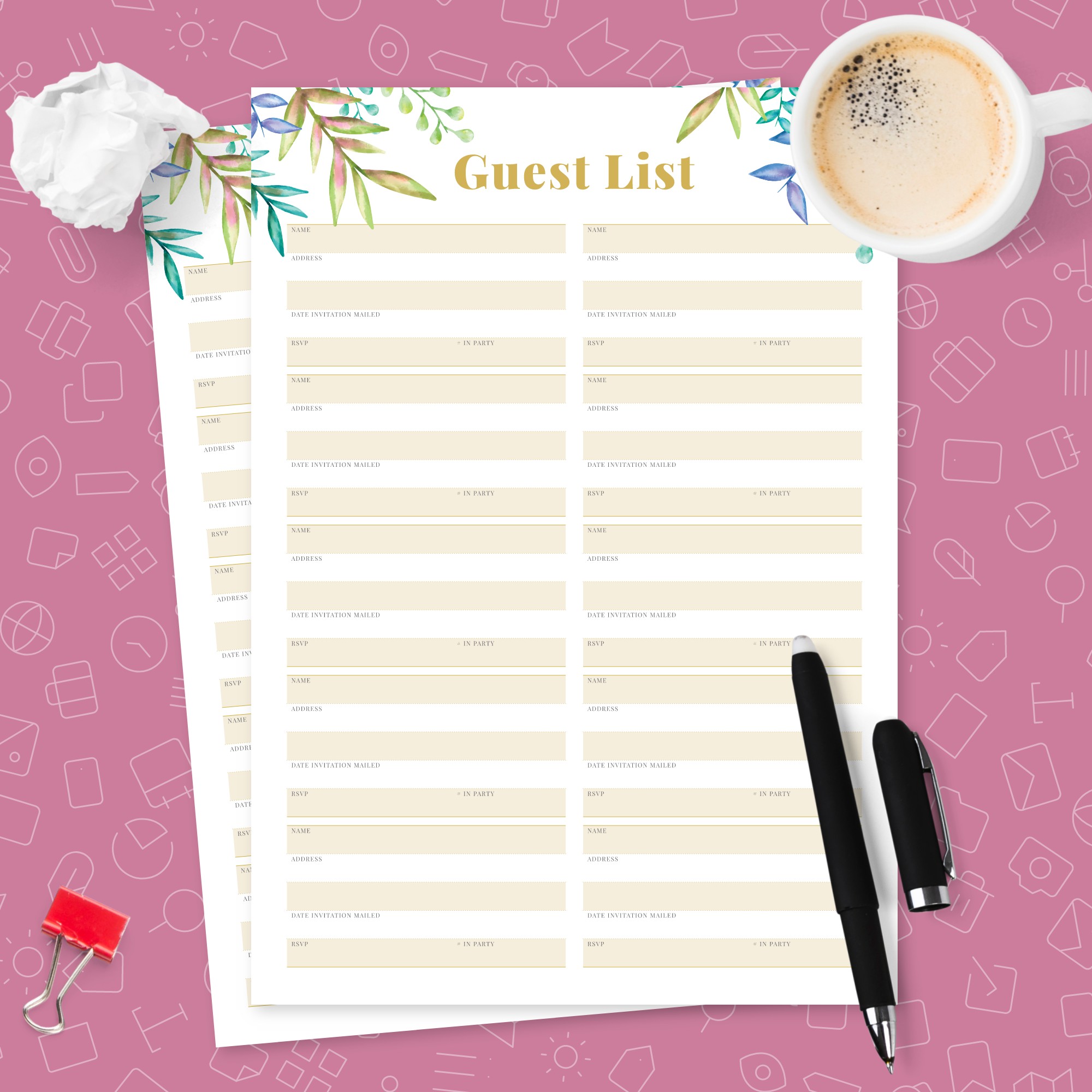 Wedding Guest List with Botanical Pattern Template - Printable PDF