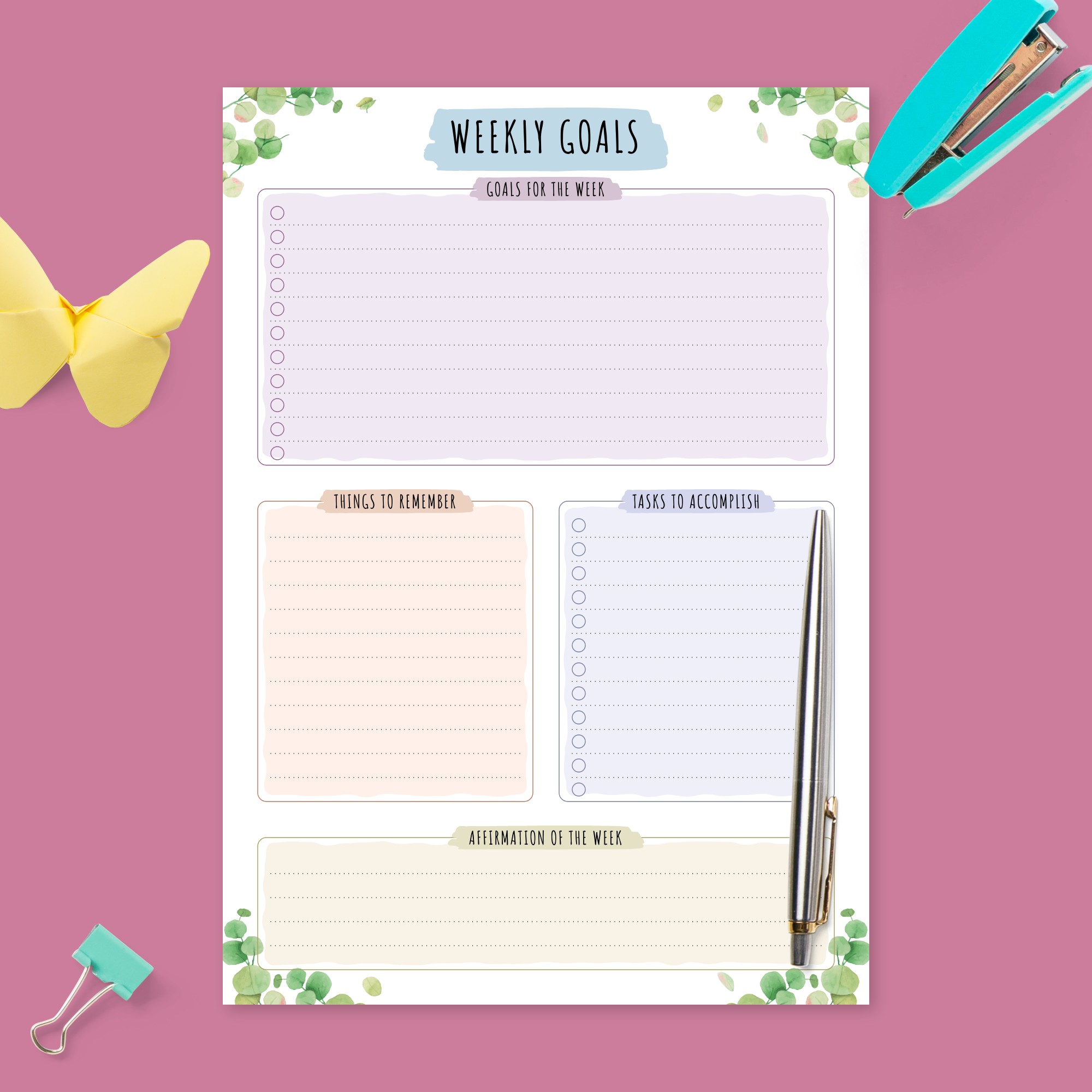 Weekly Goal Setting - Botanical Design Template - Download Printable PDF