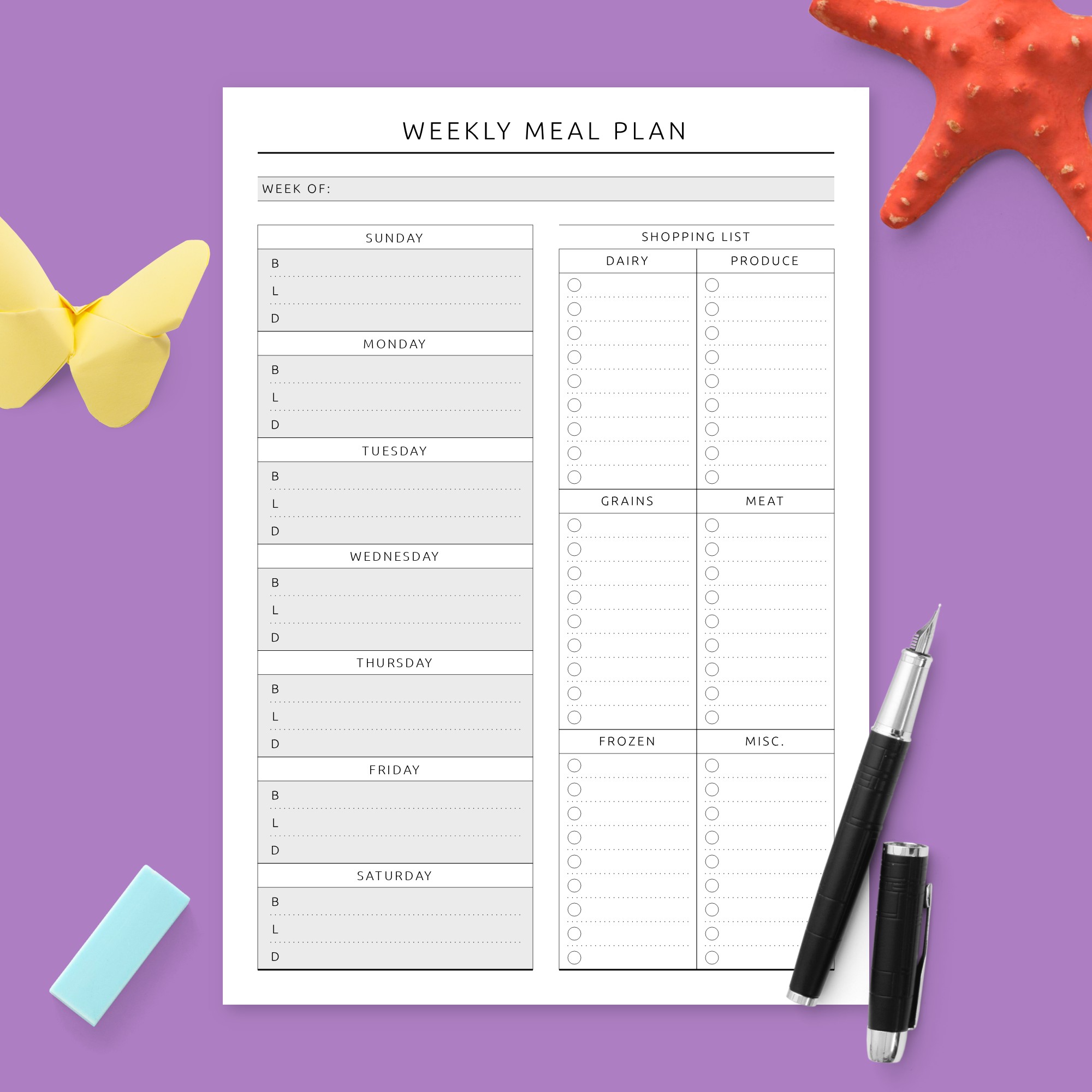 Weekly Menu Planner & Grocery List - Formal Template - Printable PDF