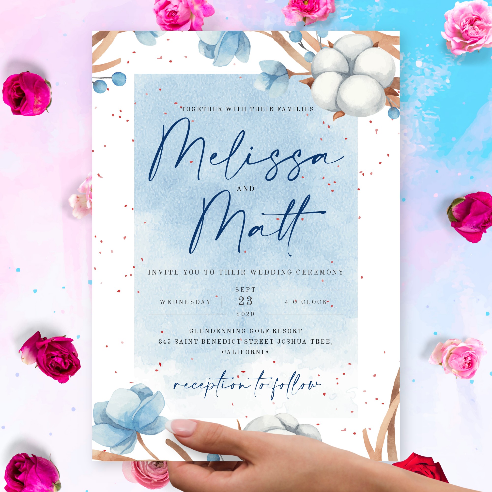 Winter Wedding Invitation with Cotton Flowers Template Online Maker