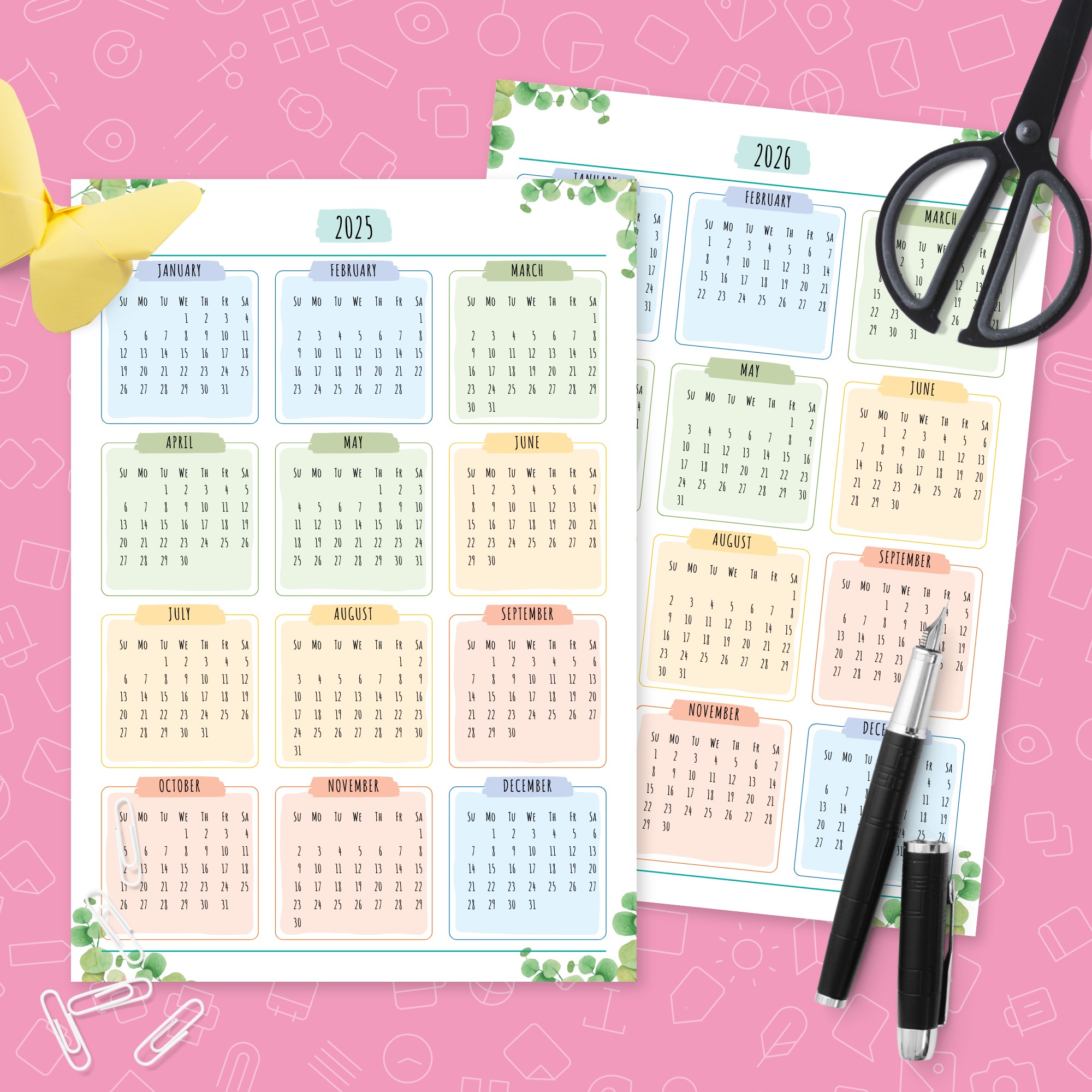 Yearly Calendar Botanical Design Template - Printable PDF