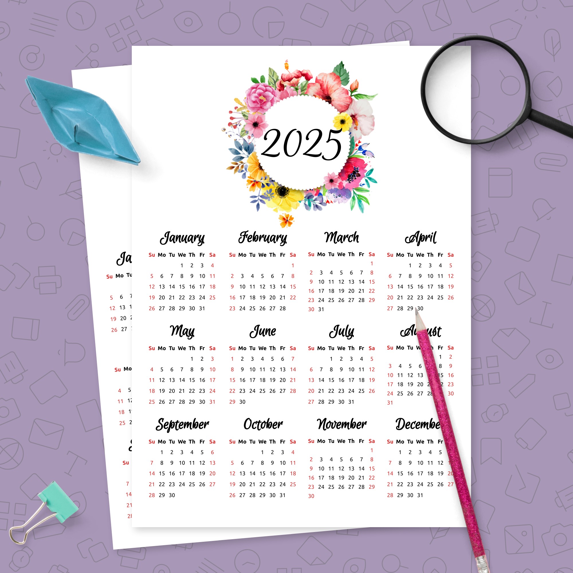 Yearly Calendar Floral Design Template - Printable PDF