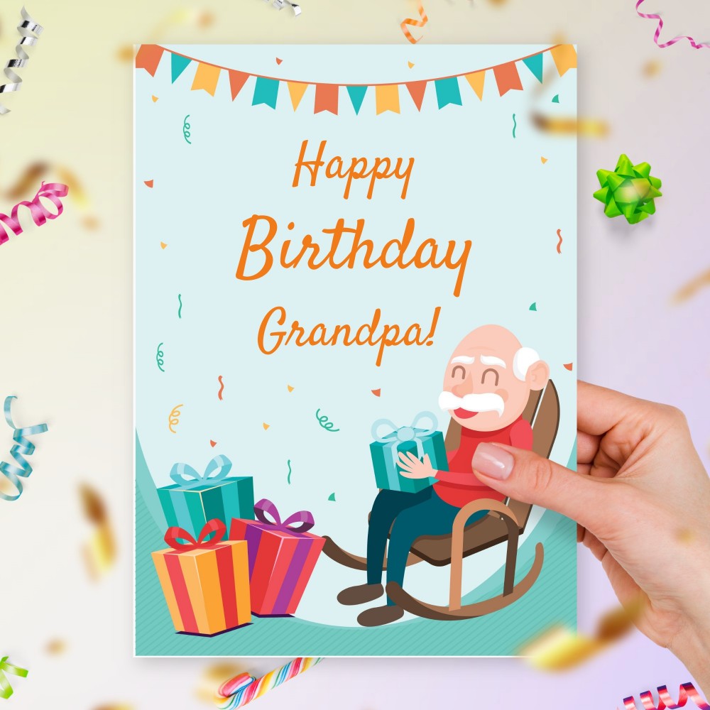 Happy Birthday Card For Grandpa Blue Gray Style Template Editable 