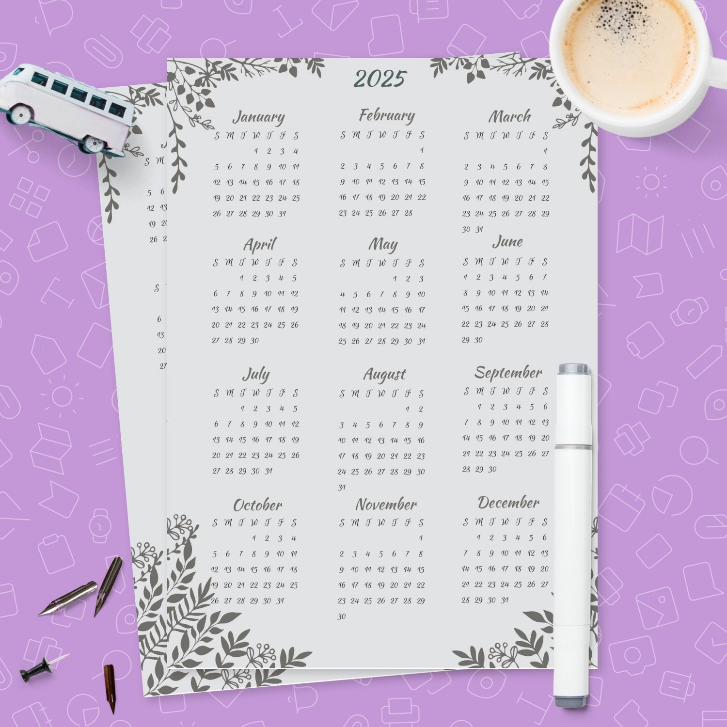 Black and White Dusty Yearly Calendar Template - Printable PDF