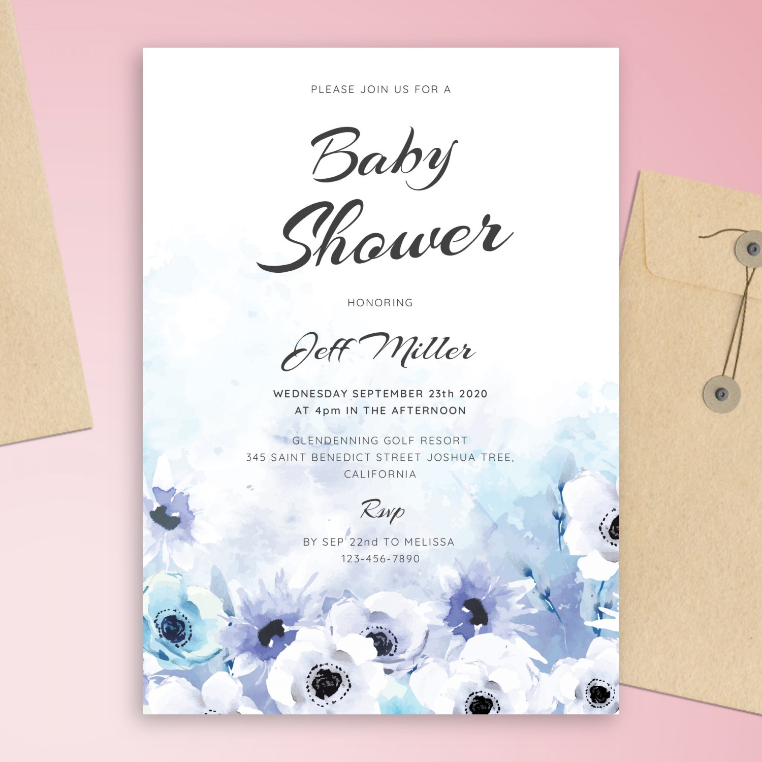 Blue Watercolor Floral Baby Shower Invitation Template Online Maker