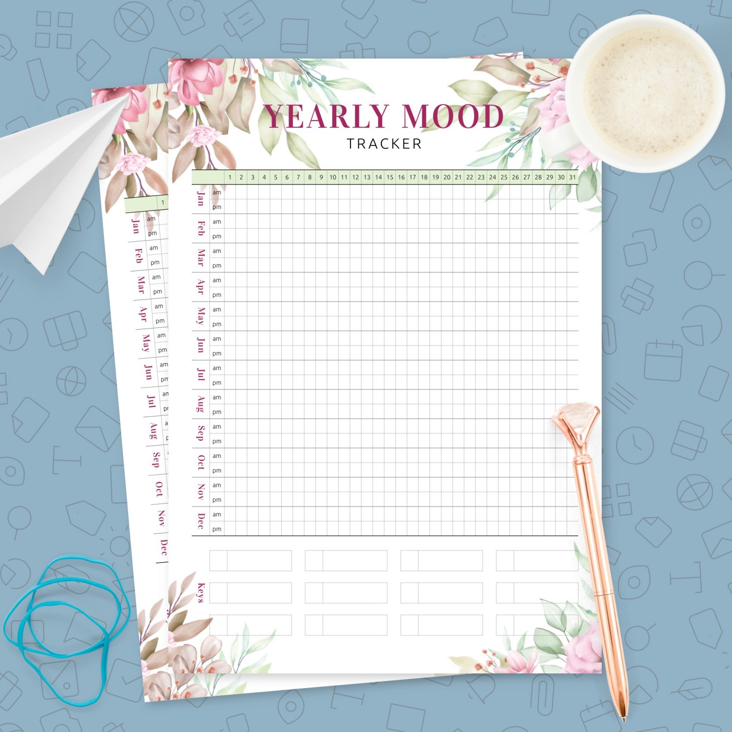 Botanical Yearly Mood Tracker Template Template - Printable PDF
