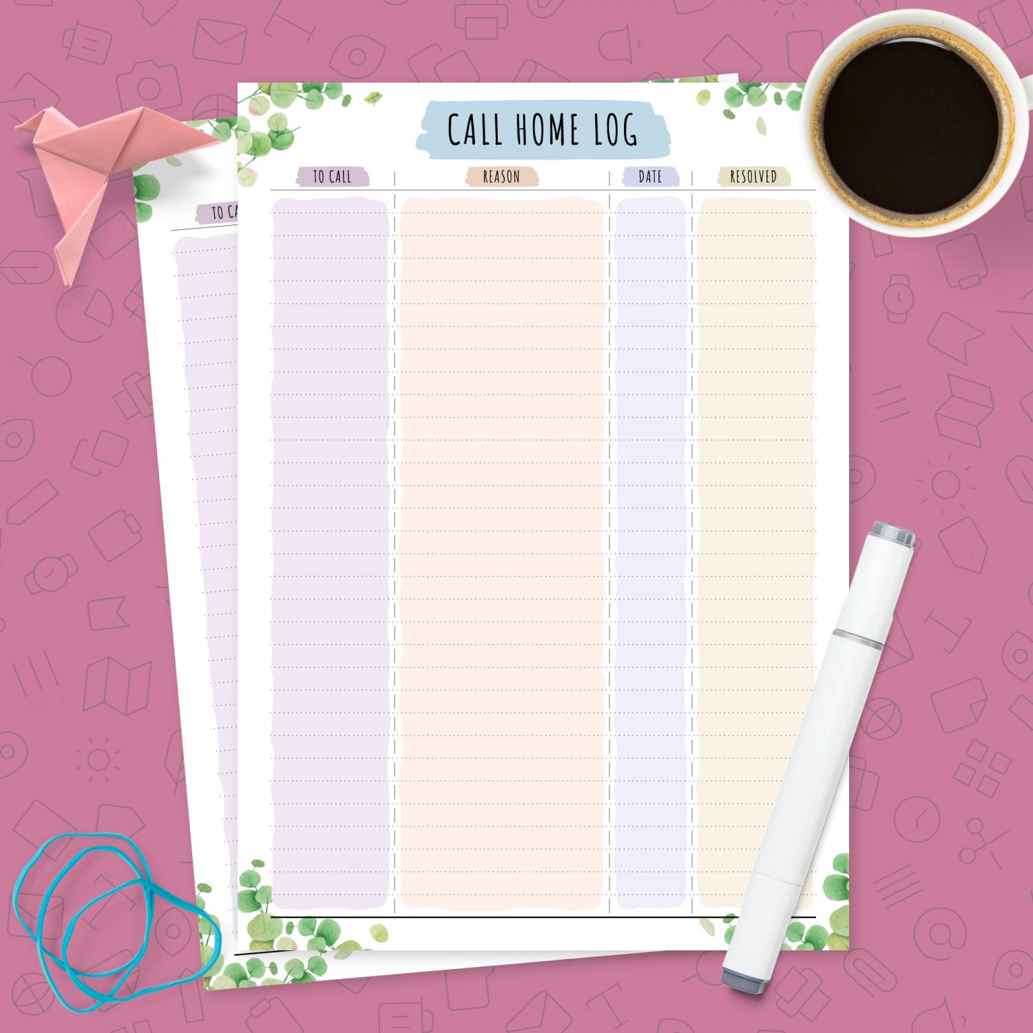 Call Home Log Template (Floral) Template - Printable PDF