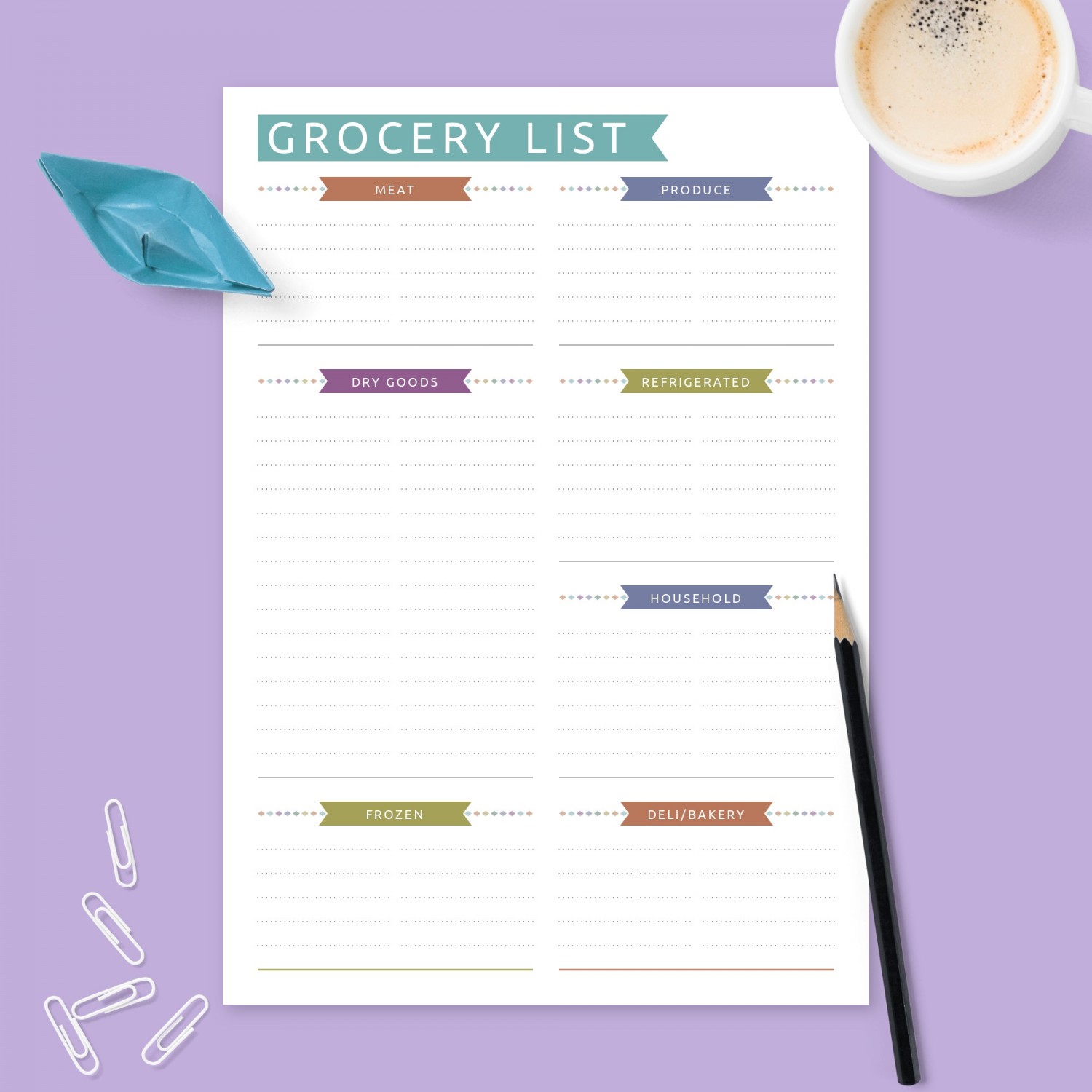 Colored Grocery List Template - Printable PDF