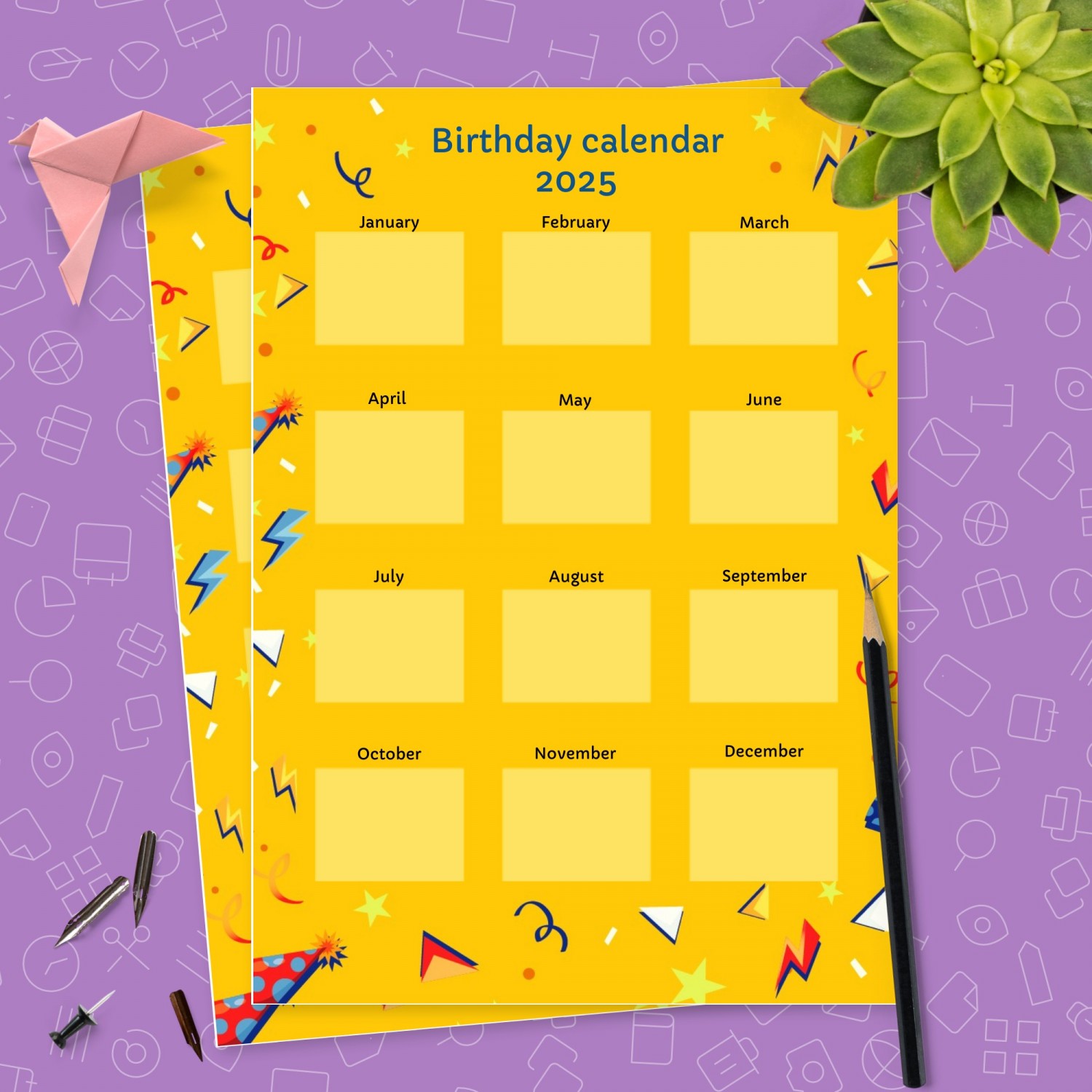 Colorful Yellow Birthday Calendar Template - Printable PDF