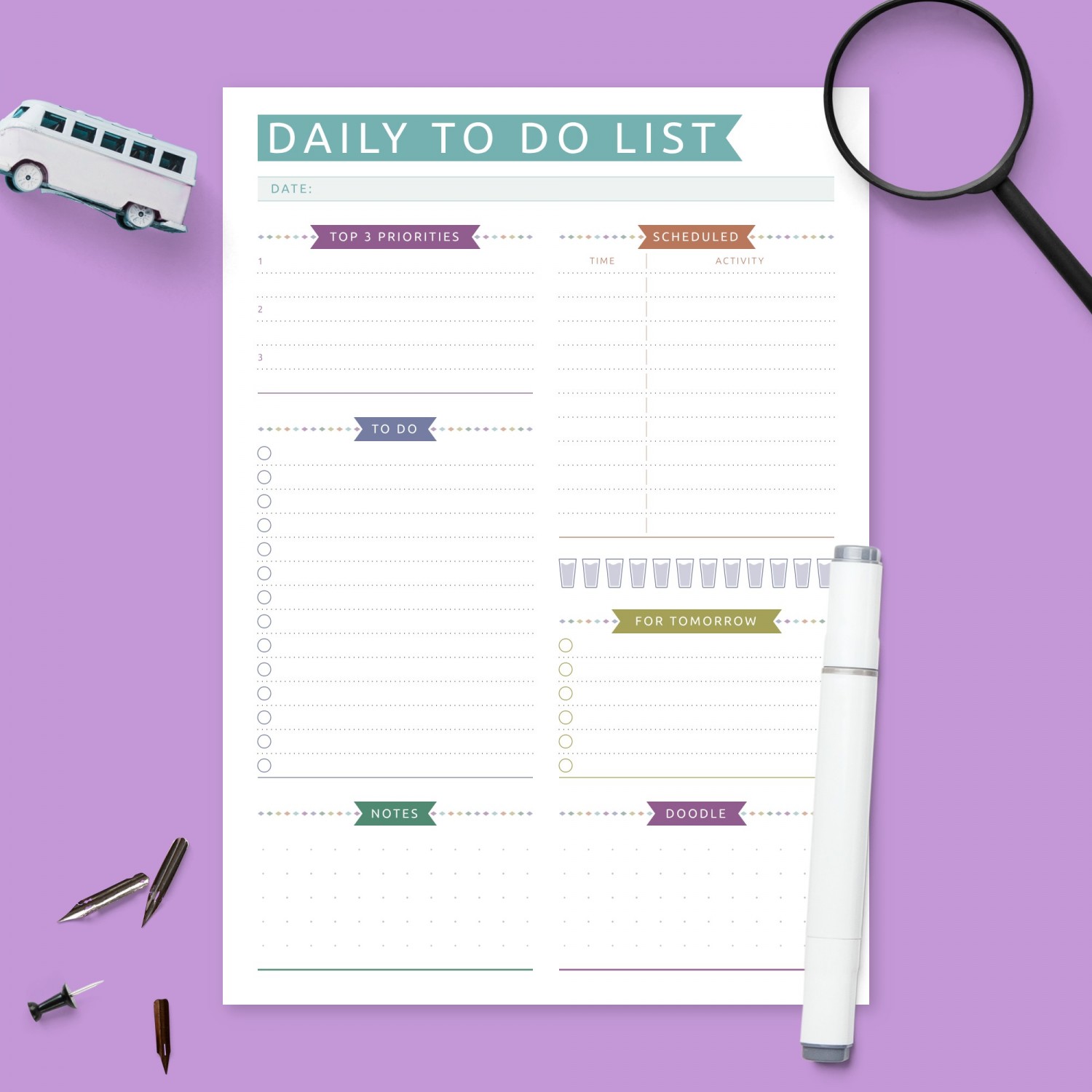 Daily To Do List - Colored with Hourly Schedule Template - Download ...