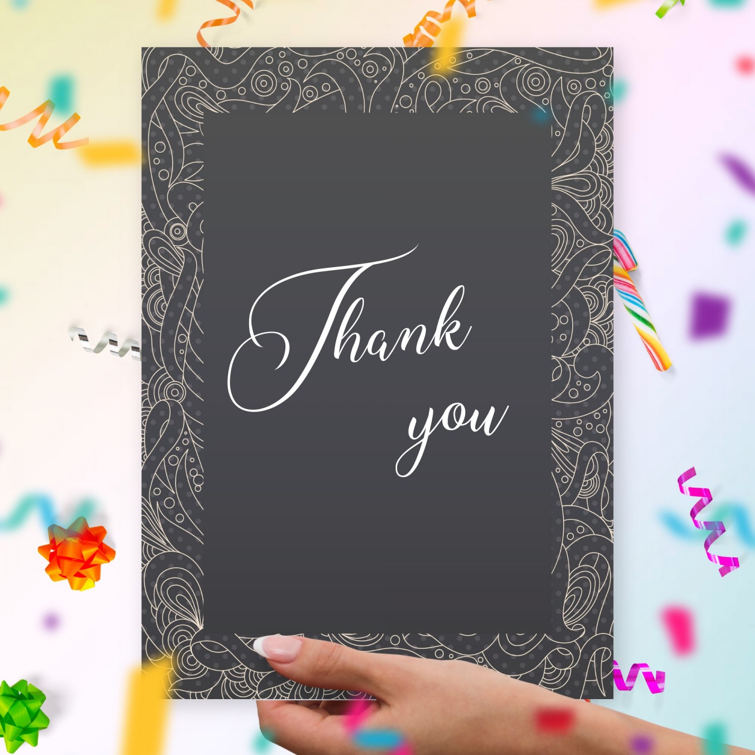 Dark Grey & Ornament Thank You Grad Card Template Editable Online
