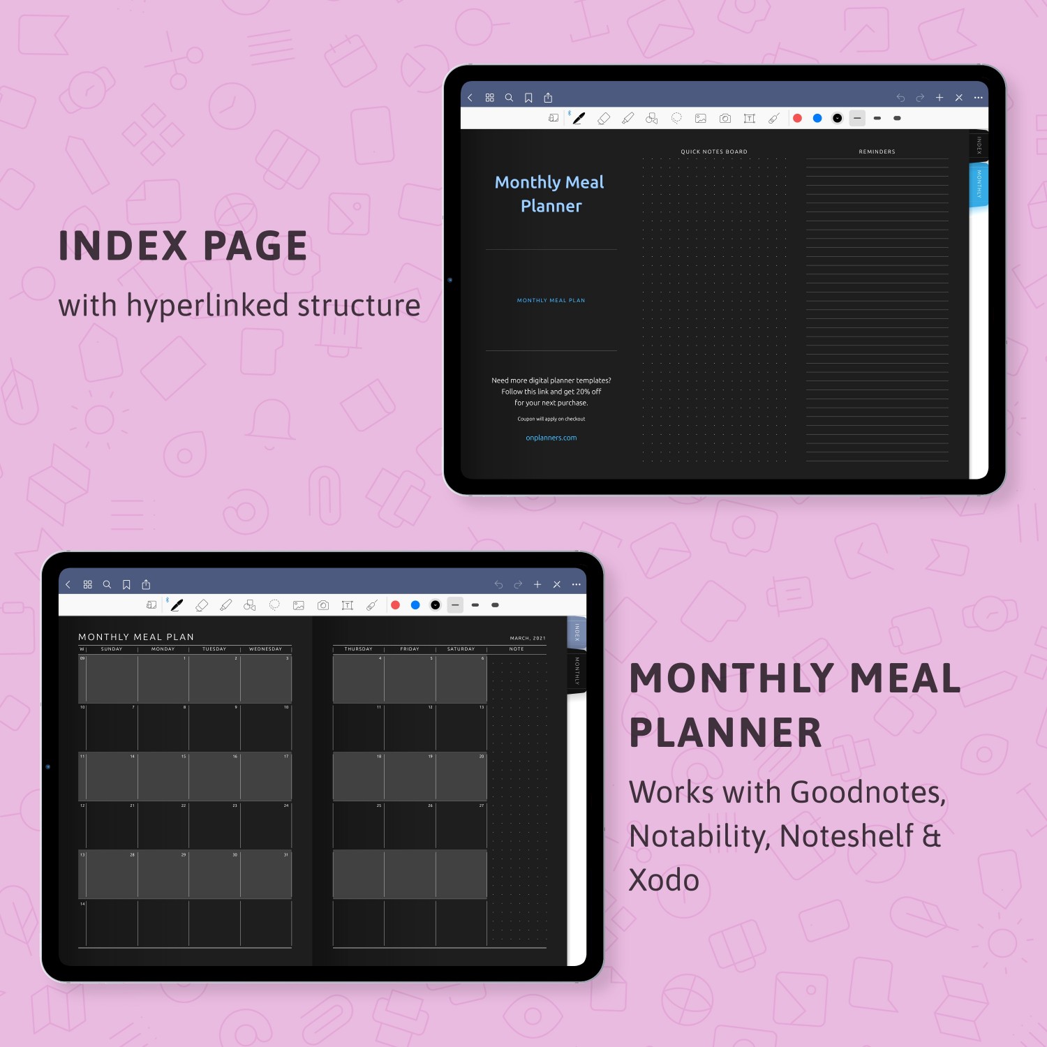 Digital Monthly Meal Planner PDF for: GoodNotes; Notability; iPad; Android