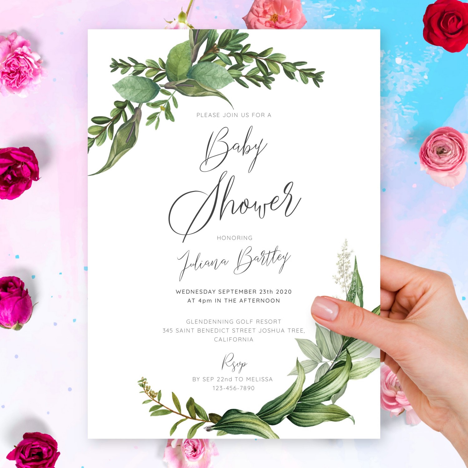 Elegant Botanical Greenery Baby Shower Invitation Template Online Maker