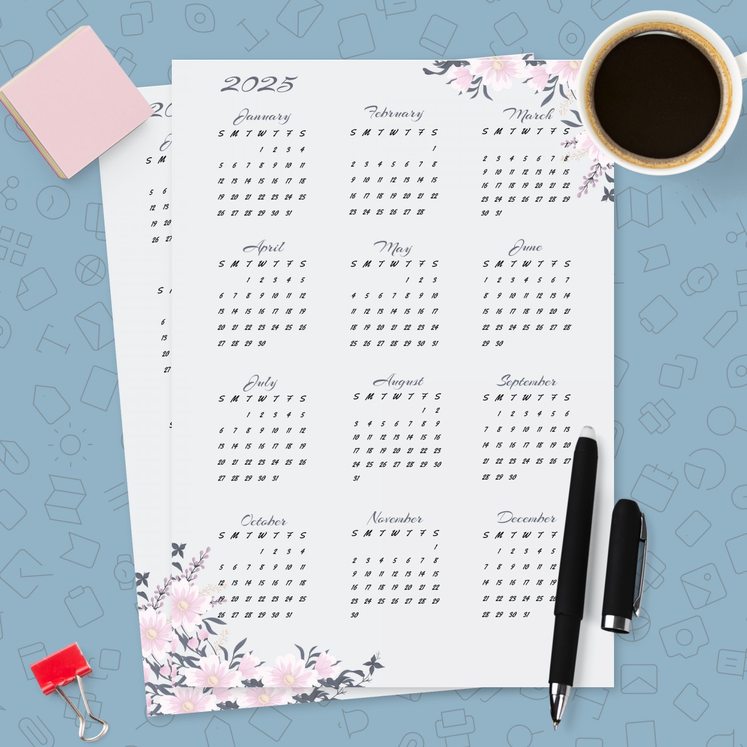 Elegant Floral Yearly Calendar Template - Printable PDF